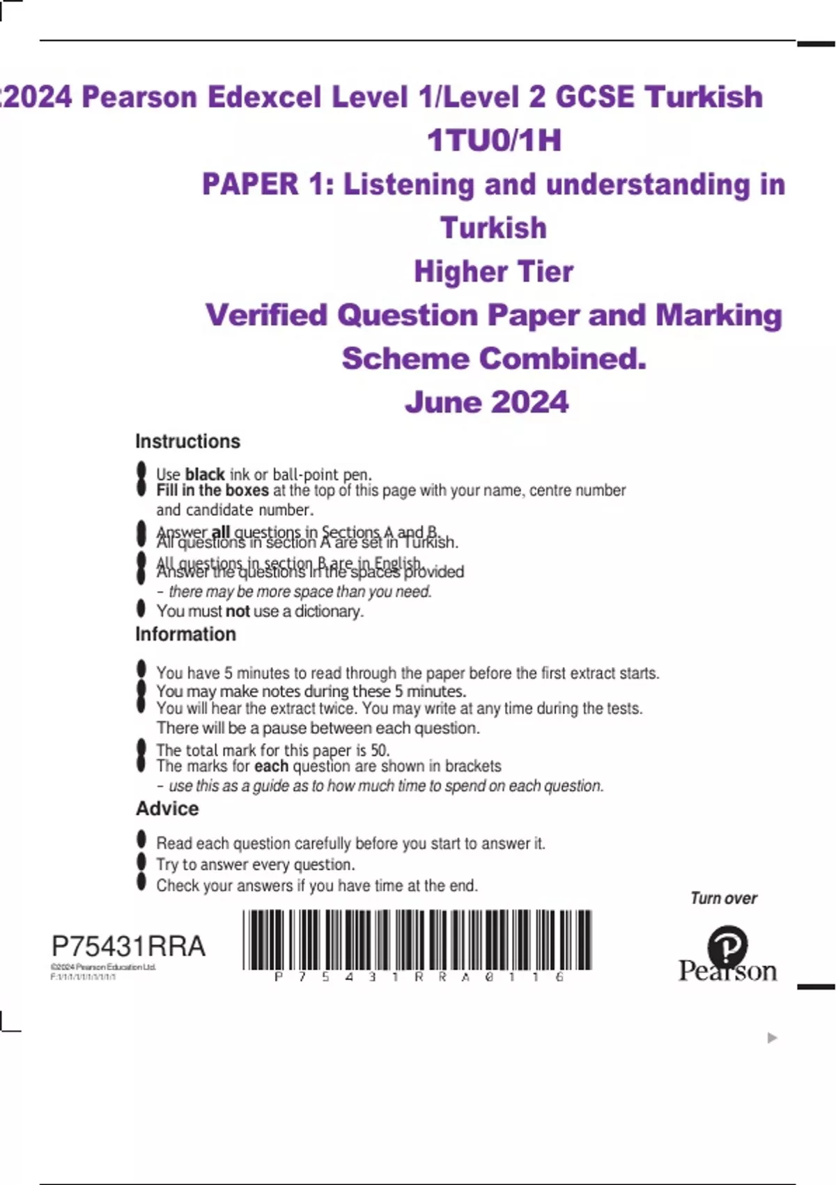 2024 Pearson Edexcel Level 1/Level 2 GCSE Turkish 1TU0/1H PAPER 1 ...