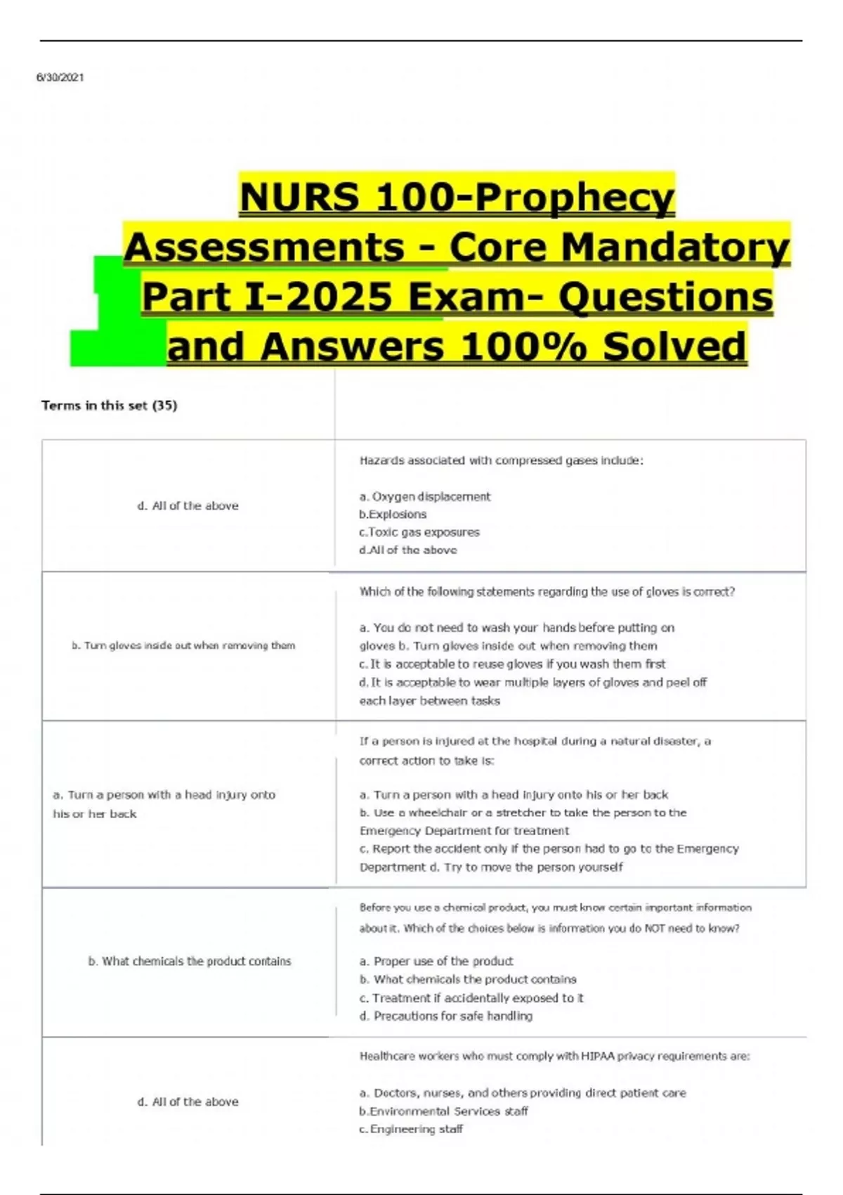 NURS 100-Prophecy Assessments - Core Mandatory Part I-2025 Exam ...