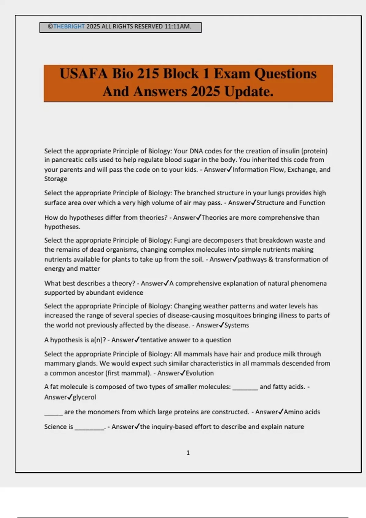 USAFA Bio 215 Block 1 Exam Questions And Answers 2025 Update. - USAFA ...