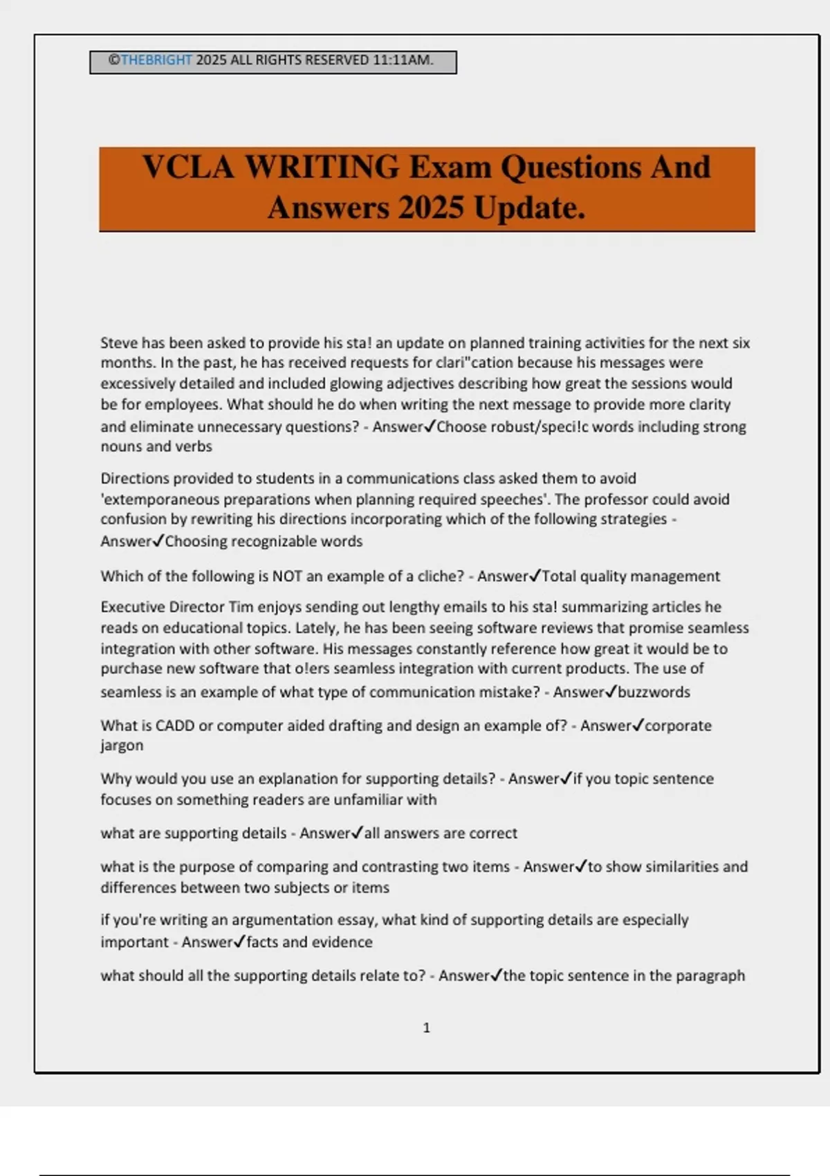 VCLA WRITING Exam Questions And Answers 2025 Update - VCLA - Stuvia US