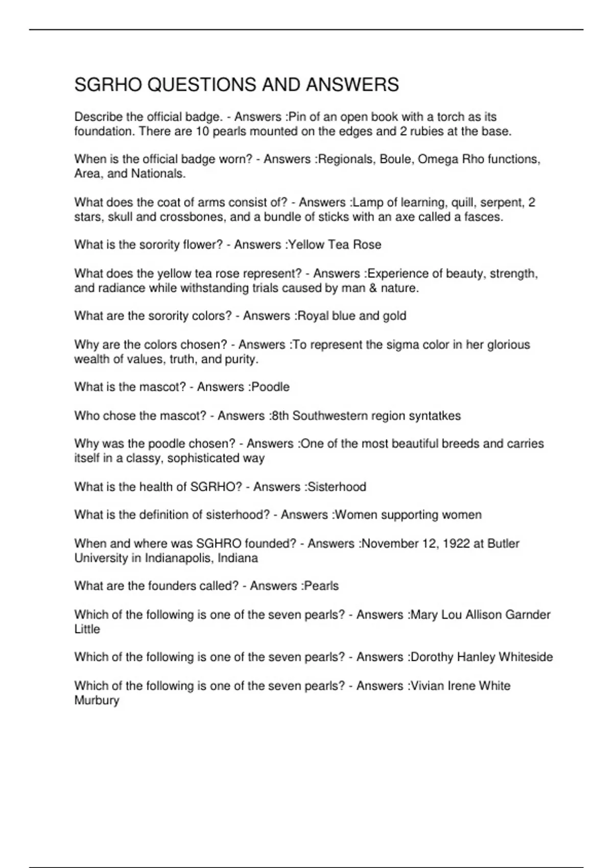 SGRHO QUESTIONS AND ANSWERS - SGRHO - Stuvia US