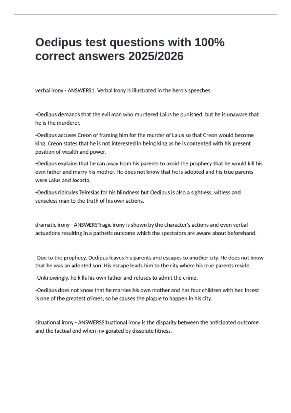 Oedipus test questions with 100% correct answers 2025/2026 - Oedipus ...