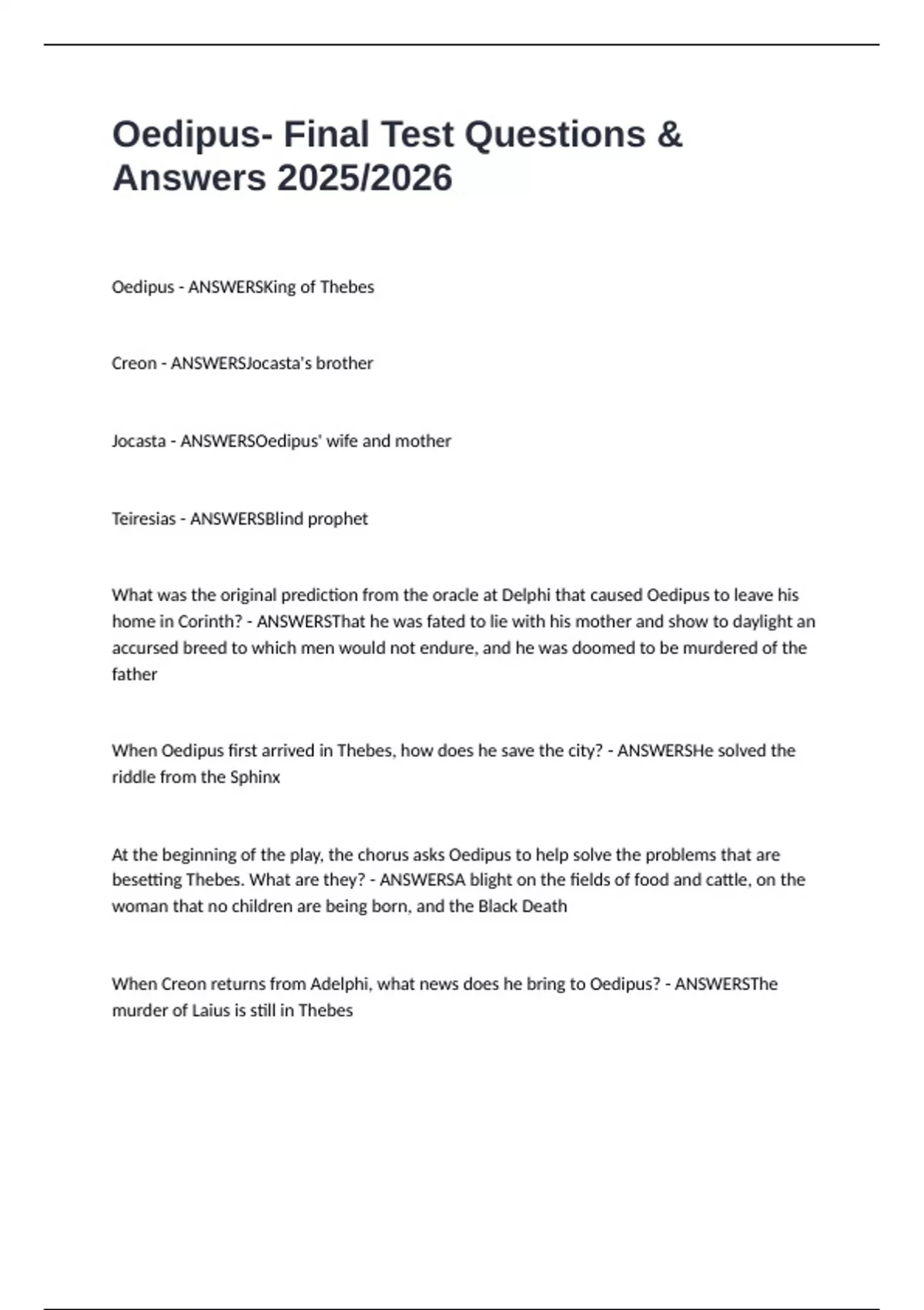 Oedipus- Final Test Questions & Answers 2025/2026 - Oedipus- - Stuvia US