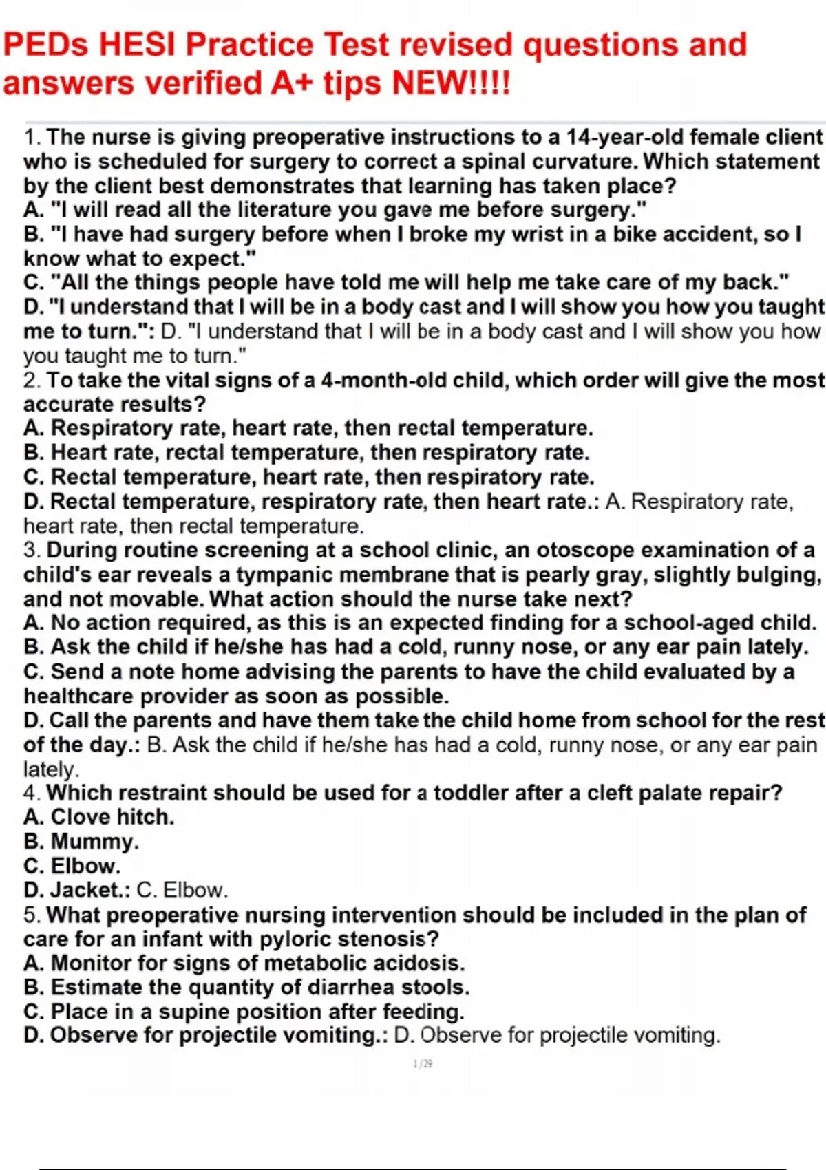 PEDs HESI Practice Test revised questions and answers verified A+ tips ...
