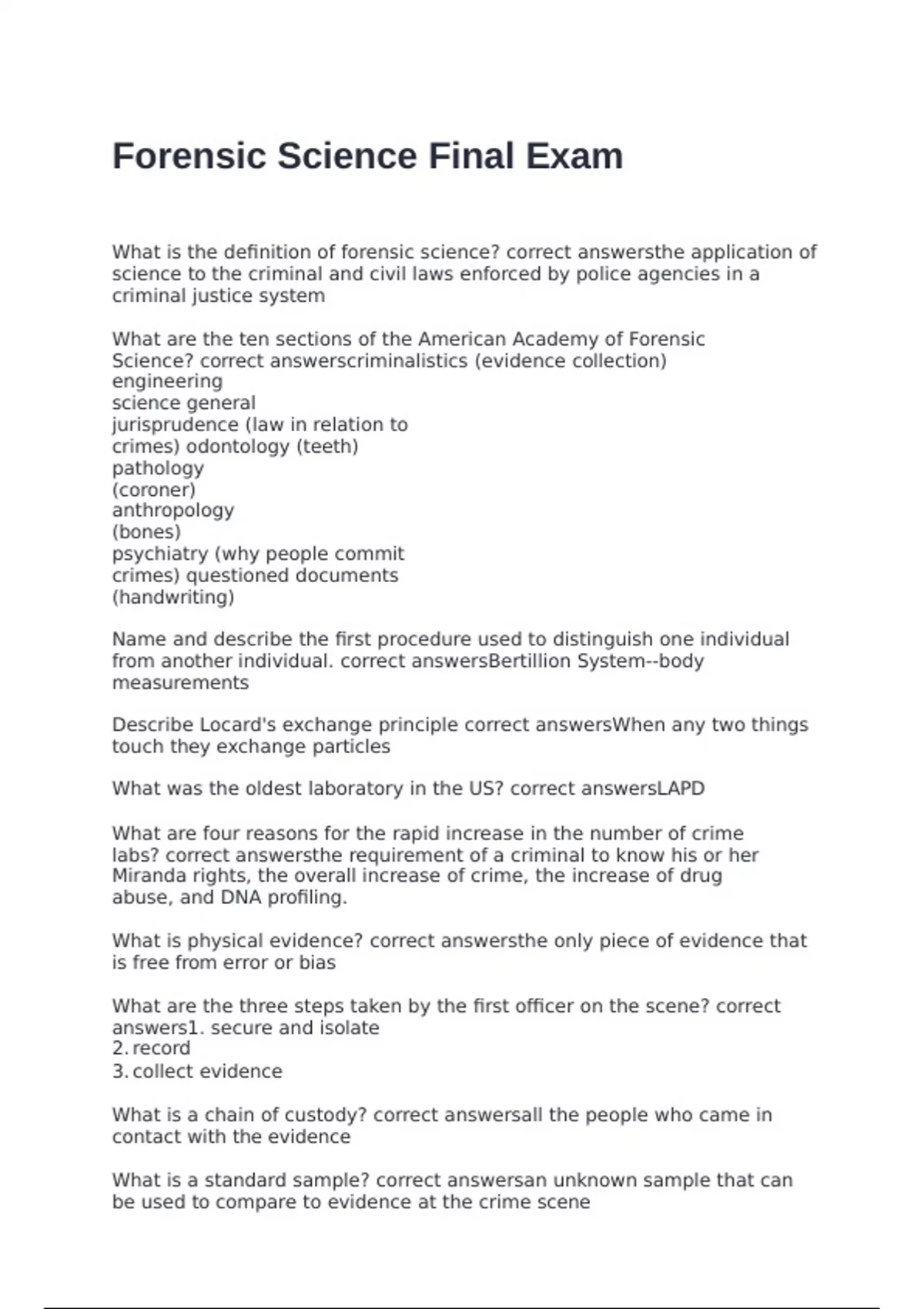 Forensic Science Final Exam with 100% correct answers 2025 - Forensic Science Fina - Stuvia US