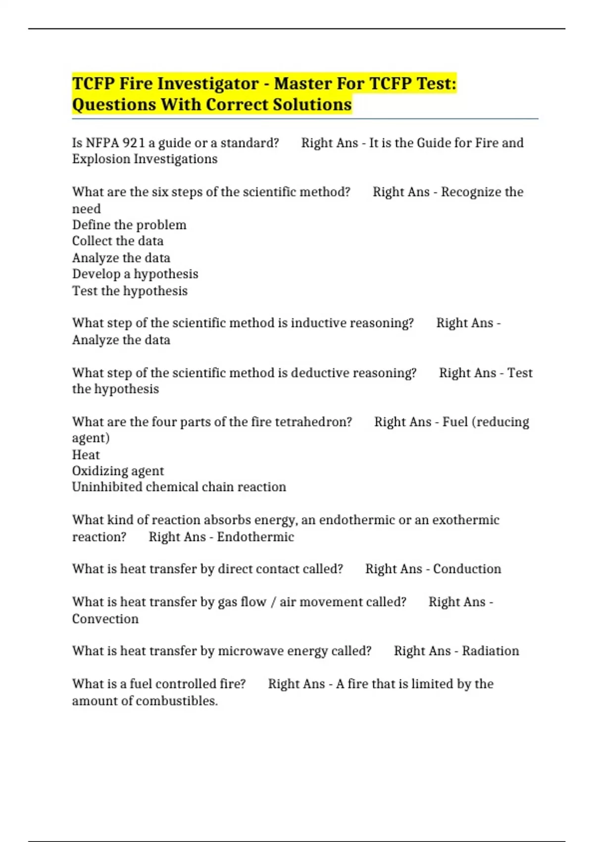 TCFP Fire Investigator - Master For TCFP Test: Questions With Correct ...