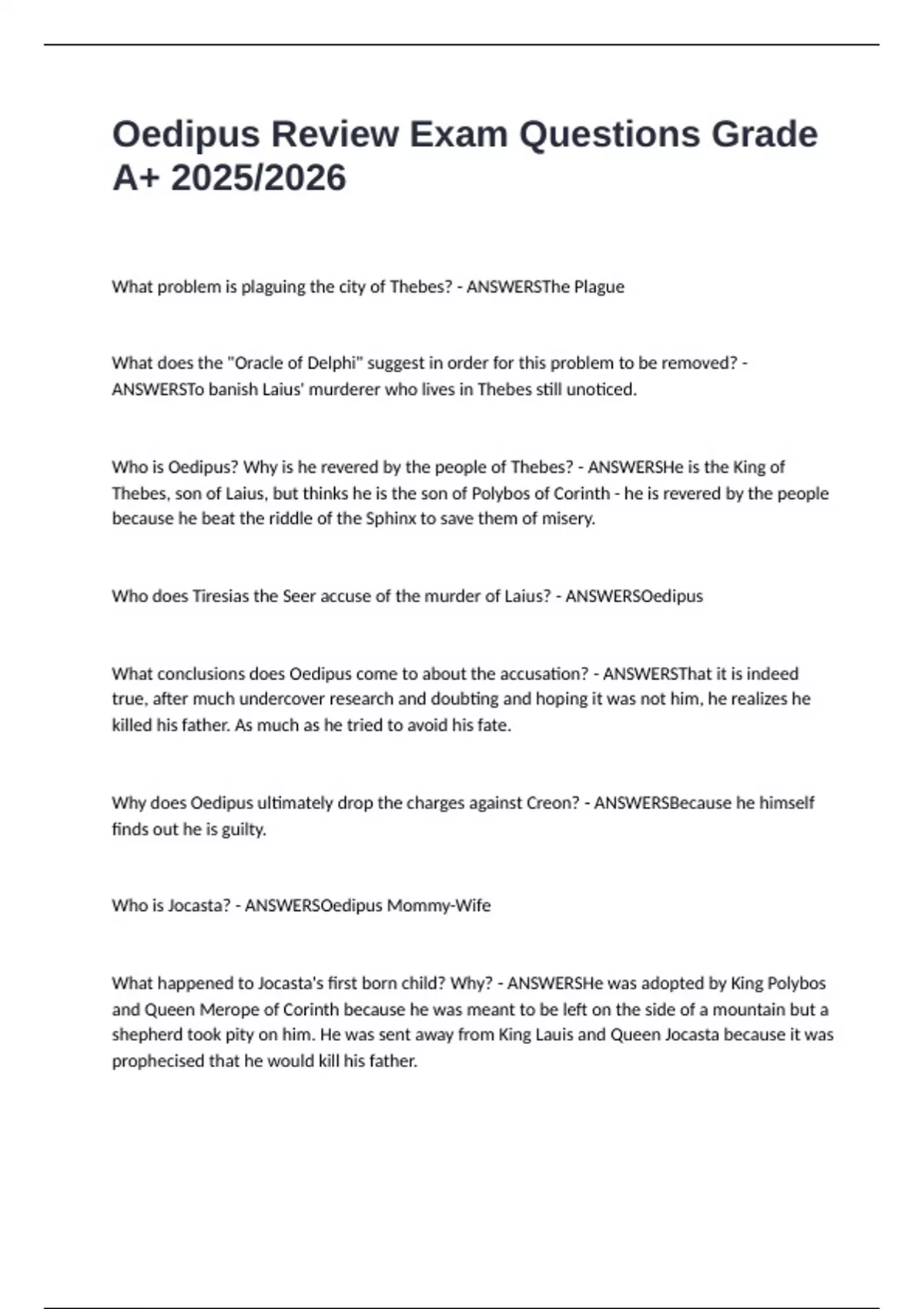 Oedipus Review Exam Questions Grade A+ 2025/2026 - Oedipus - Stuvia US