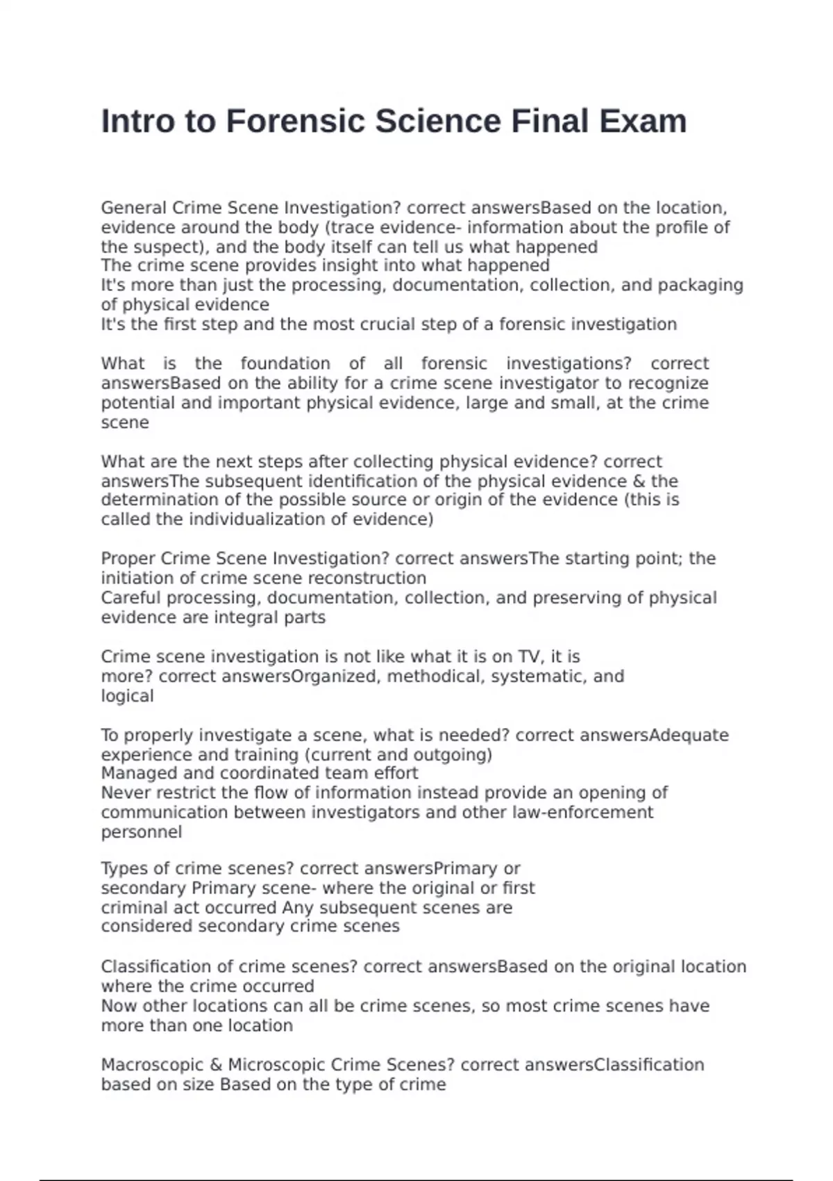 Intro to Forensic Science Final Exam with 100% correct answers 2025 - Intro to Forensic Science ...