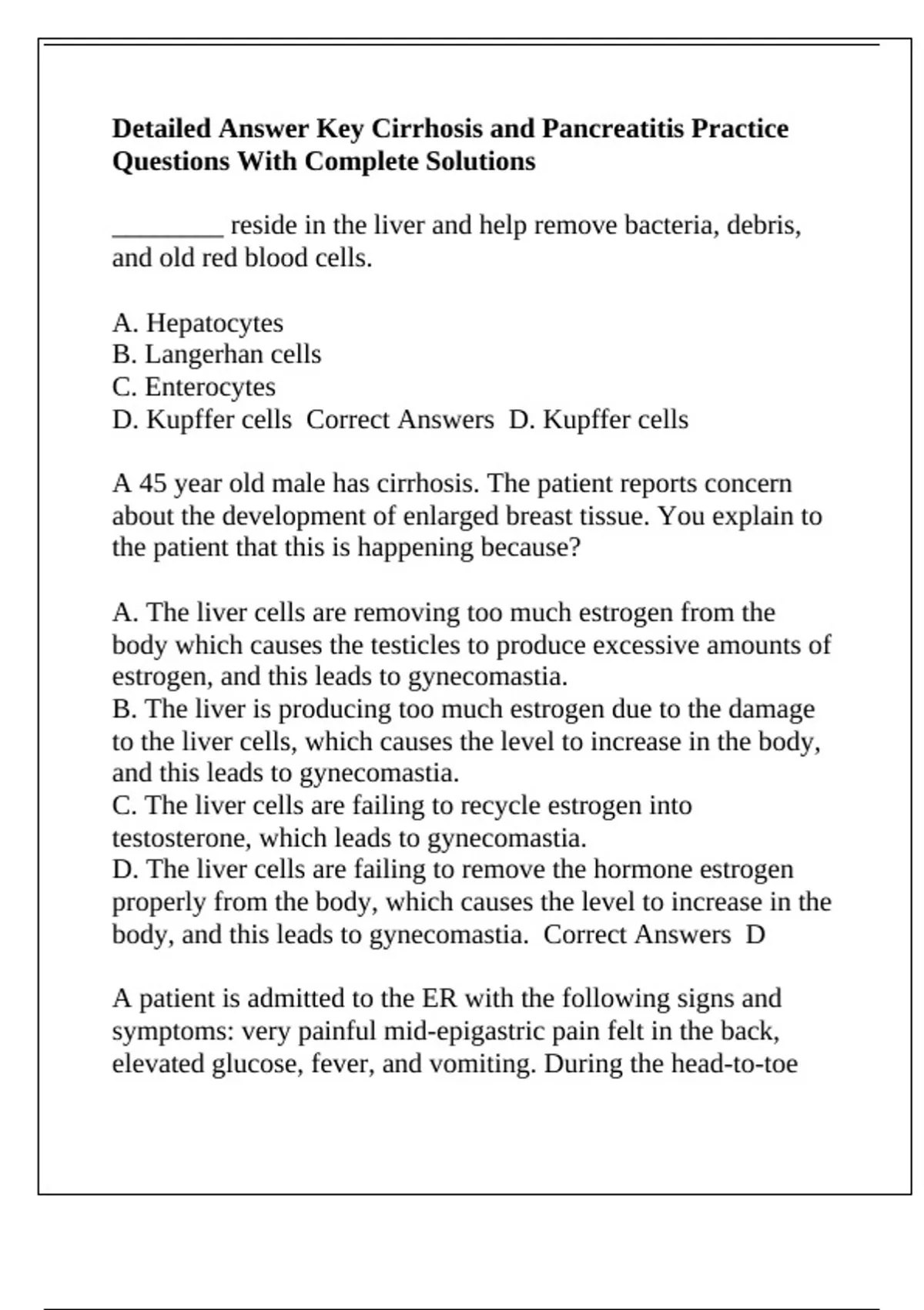 Detailed Answer Key Cirrhosis and Pancreatitis Practice Questions With ...