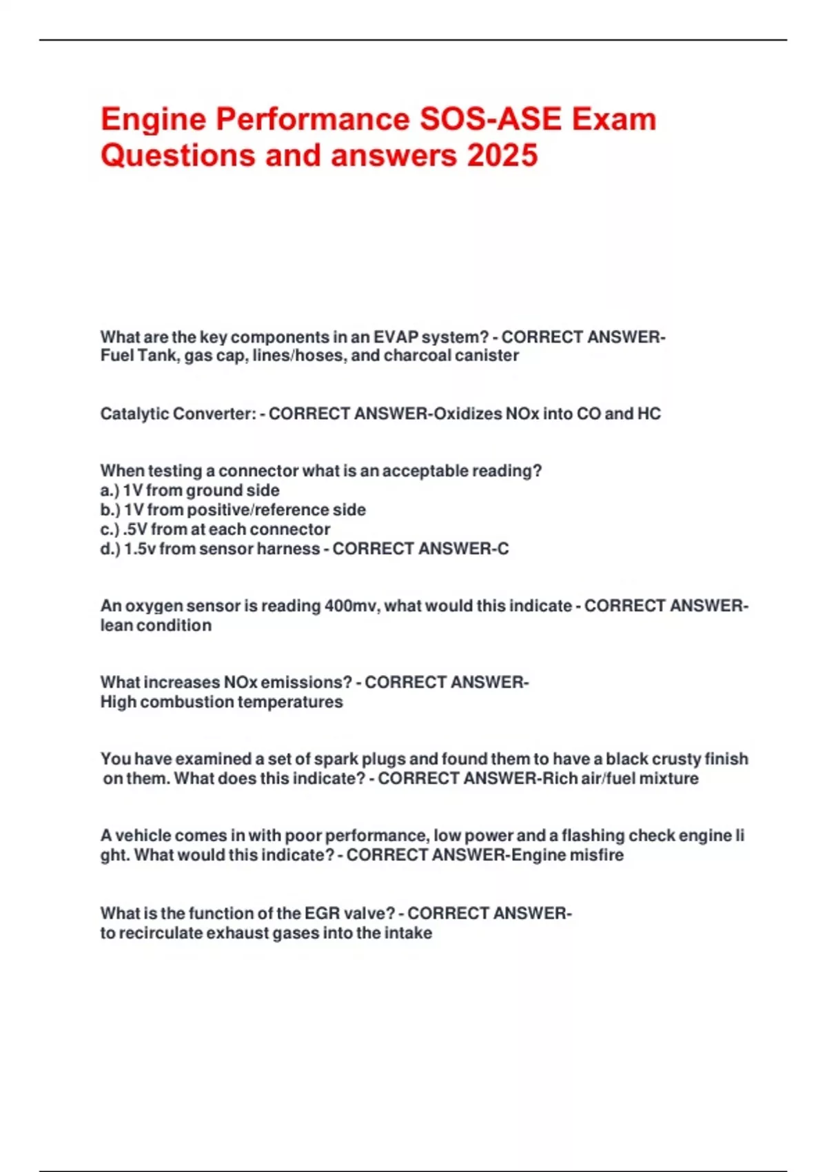 Engine Performance SOS-ASE Exam Questions and answers 2025. - SOS ...