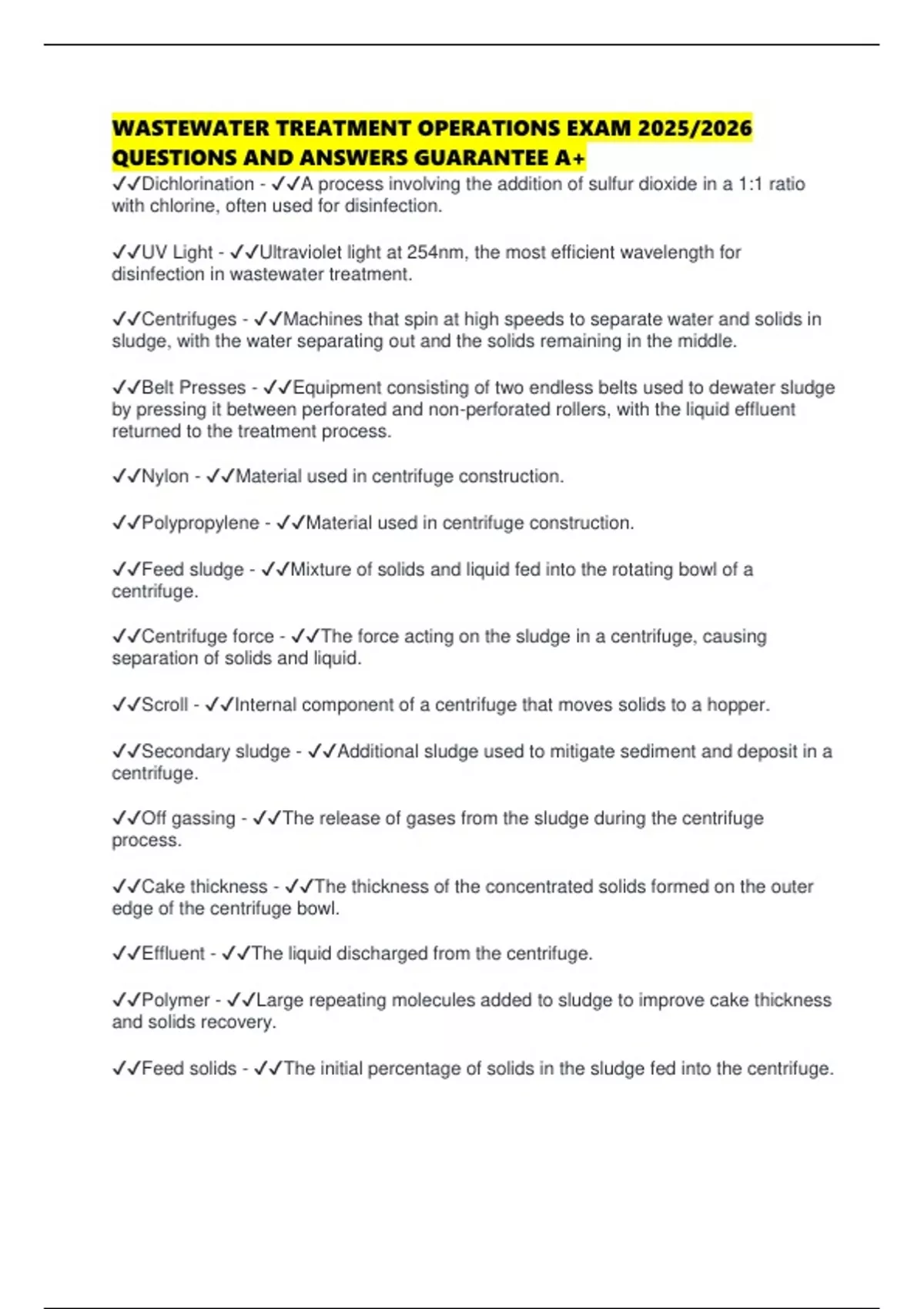 WASTEWATER TREATMENT OPERATIONS EXAM 2025/2026 QUESTIONS AND ANSWERS ...