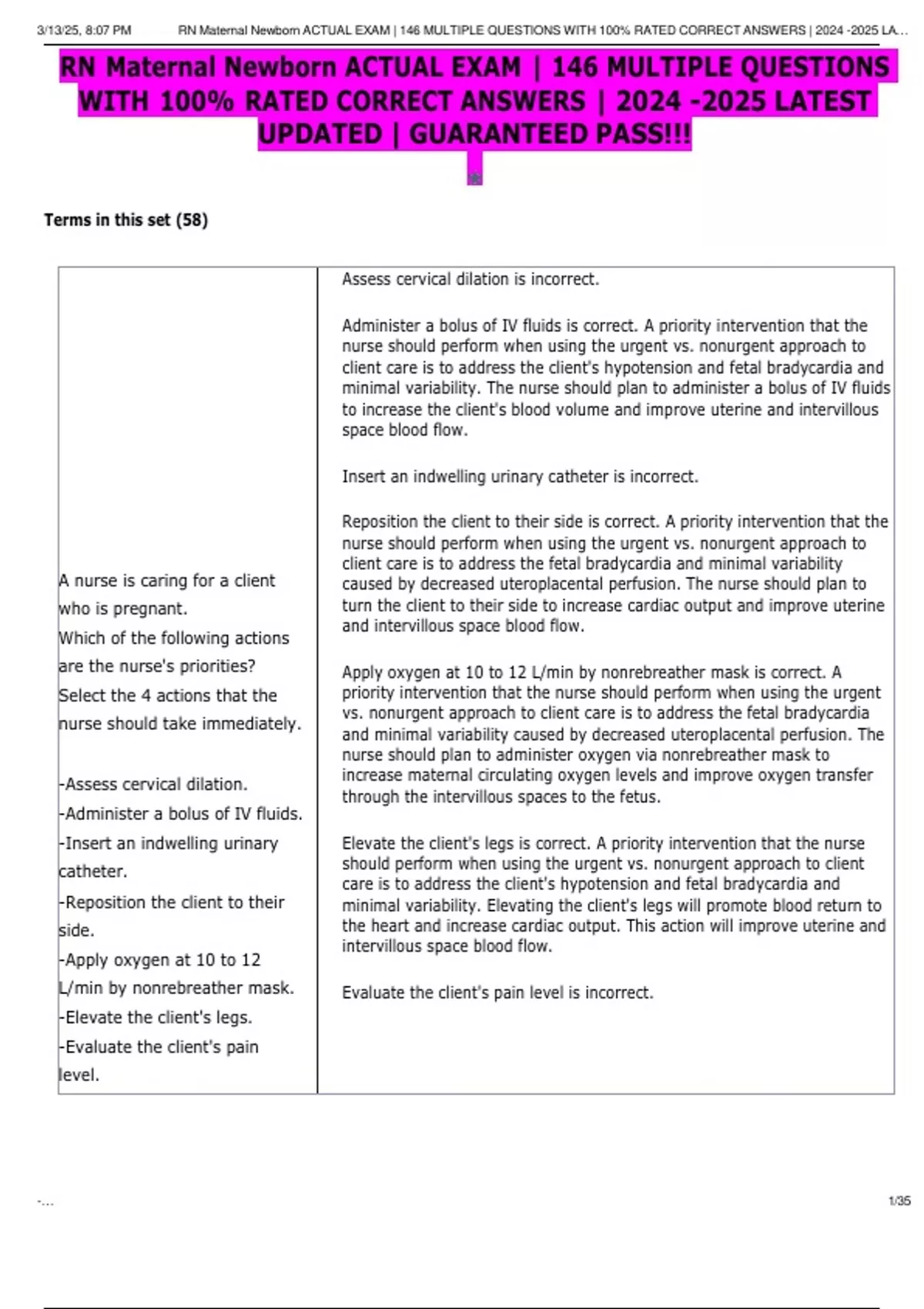 RN Maternal Newborn ACTUAL EXAM | 146 MULTIPLE QUESTIONS WITH 100% ...