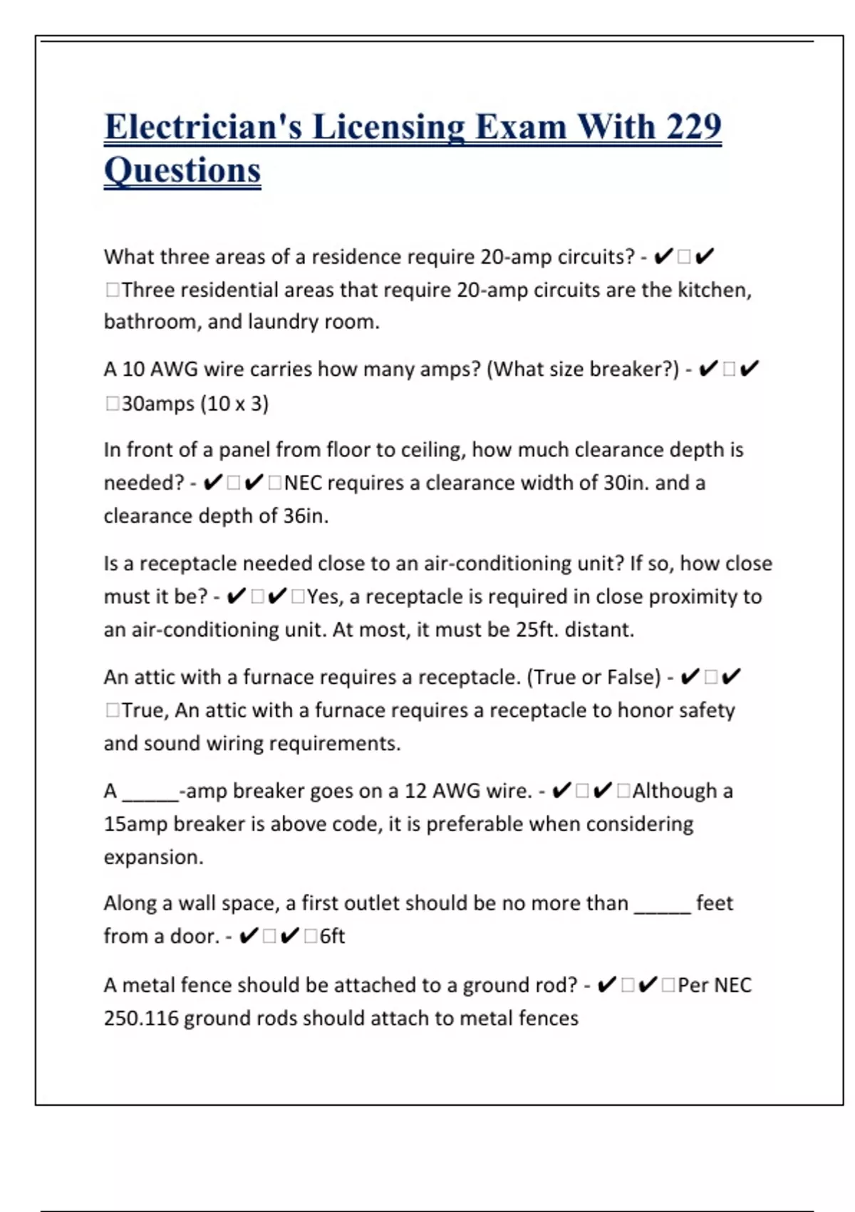 Electrician's Licensing Exam With 229 Questions Official Answer Sheet ...