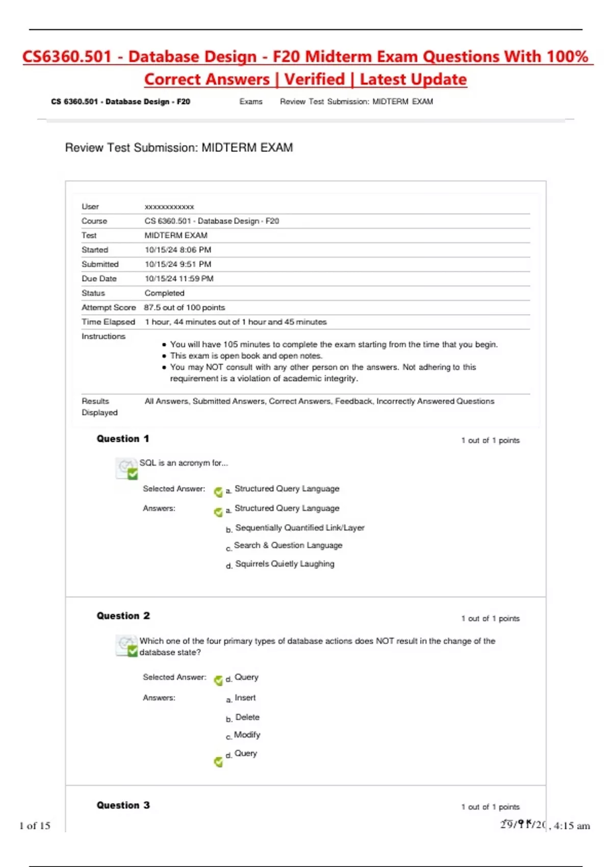 CS6360.501 - Database Design - F20 Midterm Exam Questions With 100% Correct Answers | Verified ...