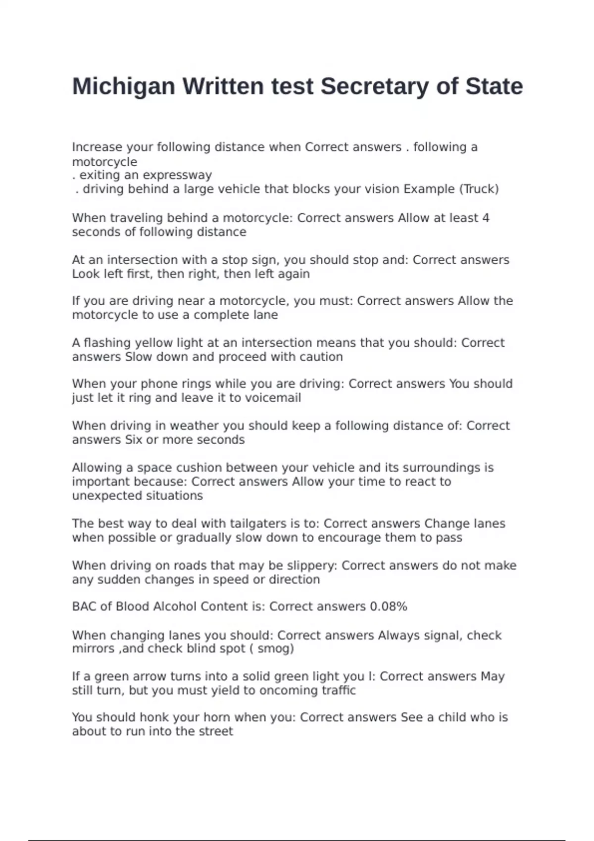 Michigan Written test Secretary of State exam with 100% correct answers ...