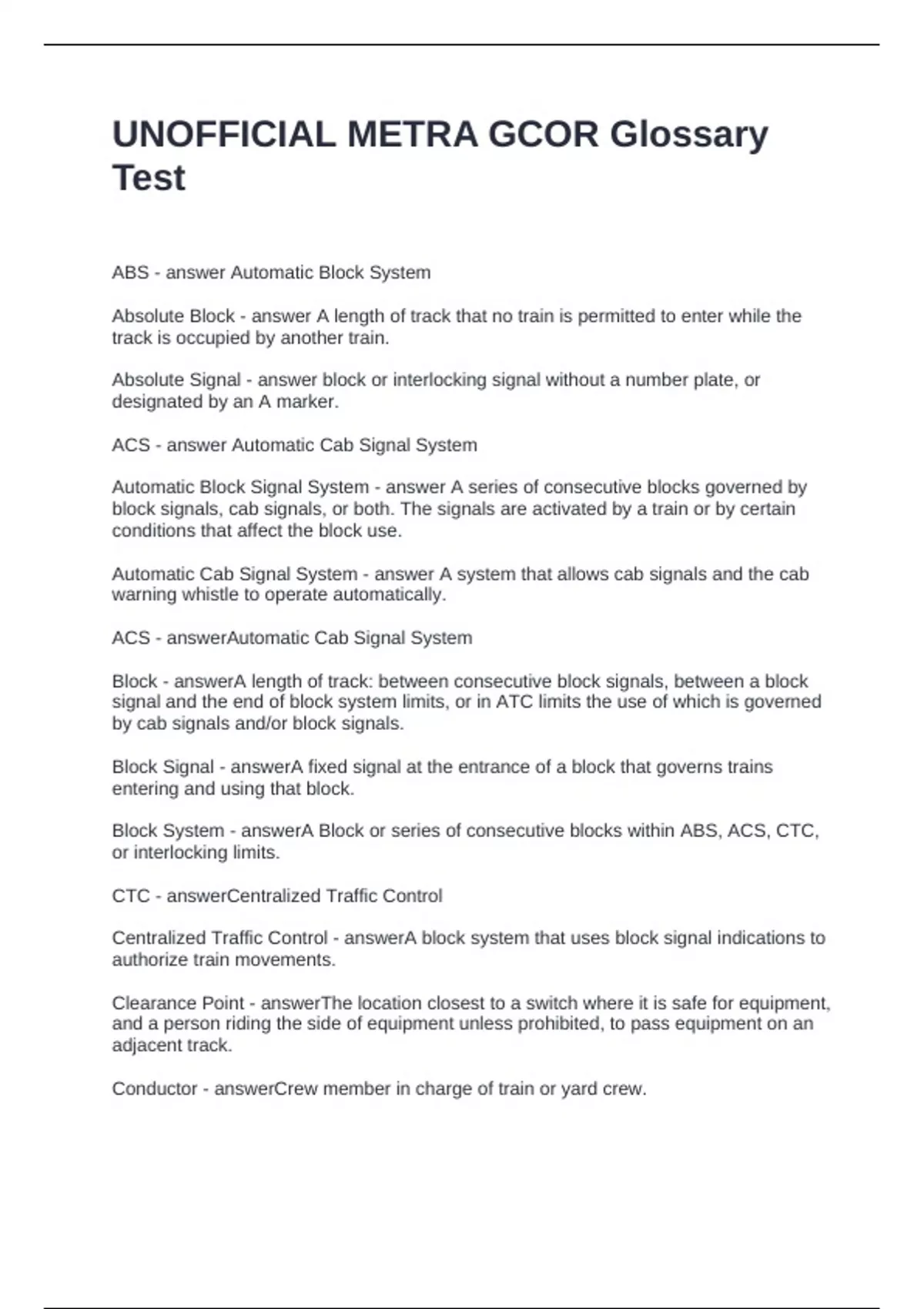 UNOFFICIAL METRA GCOR Glossary Test Questions and Answers Graded A+ ...