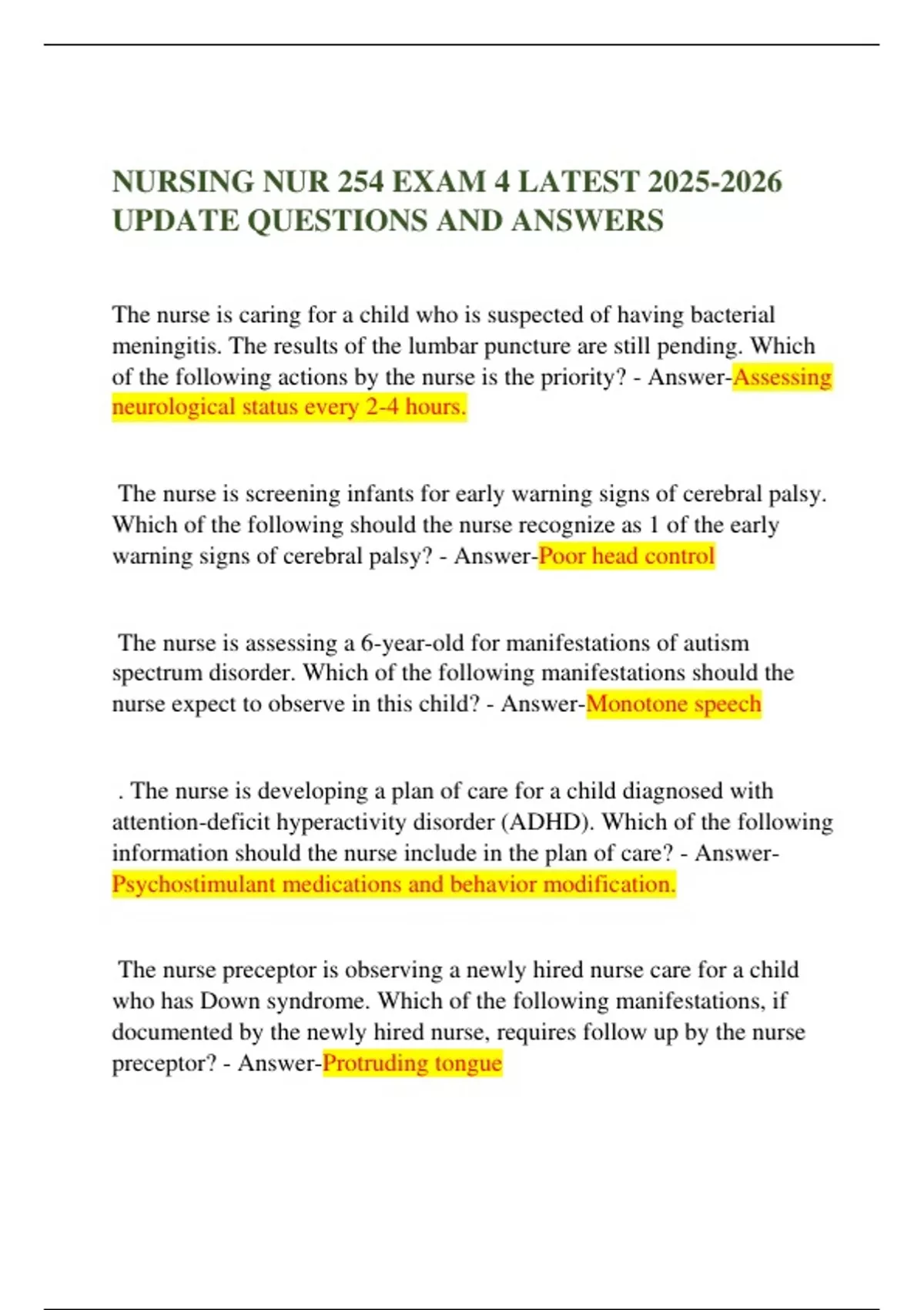 NURSING NUR 254 EXAM 4 LATEST UPDATE QUESTIONS AND ANSWERS - NURSING ...