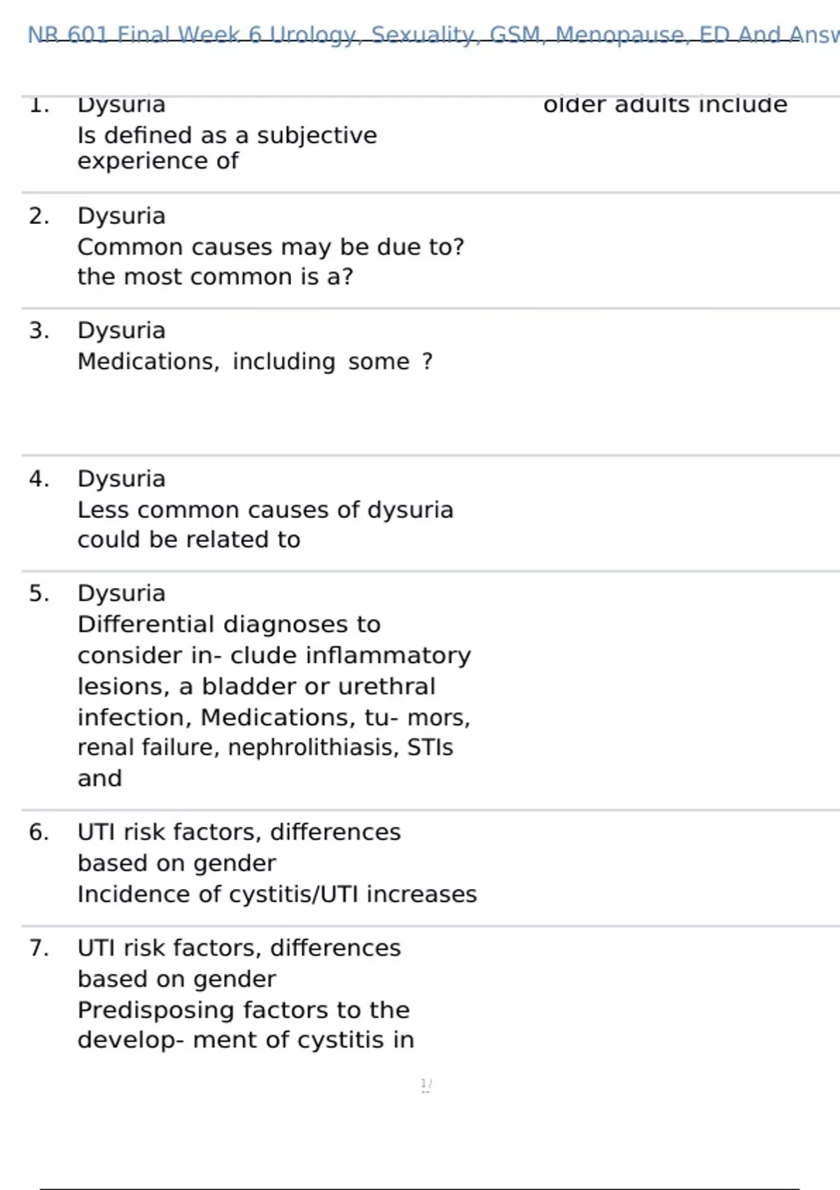 NR 601 Final Week 6 Urology, Sexuality, GSM, Menopause, ED And Answers ...