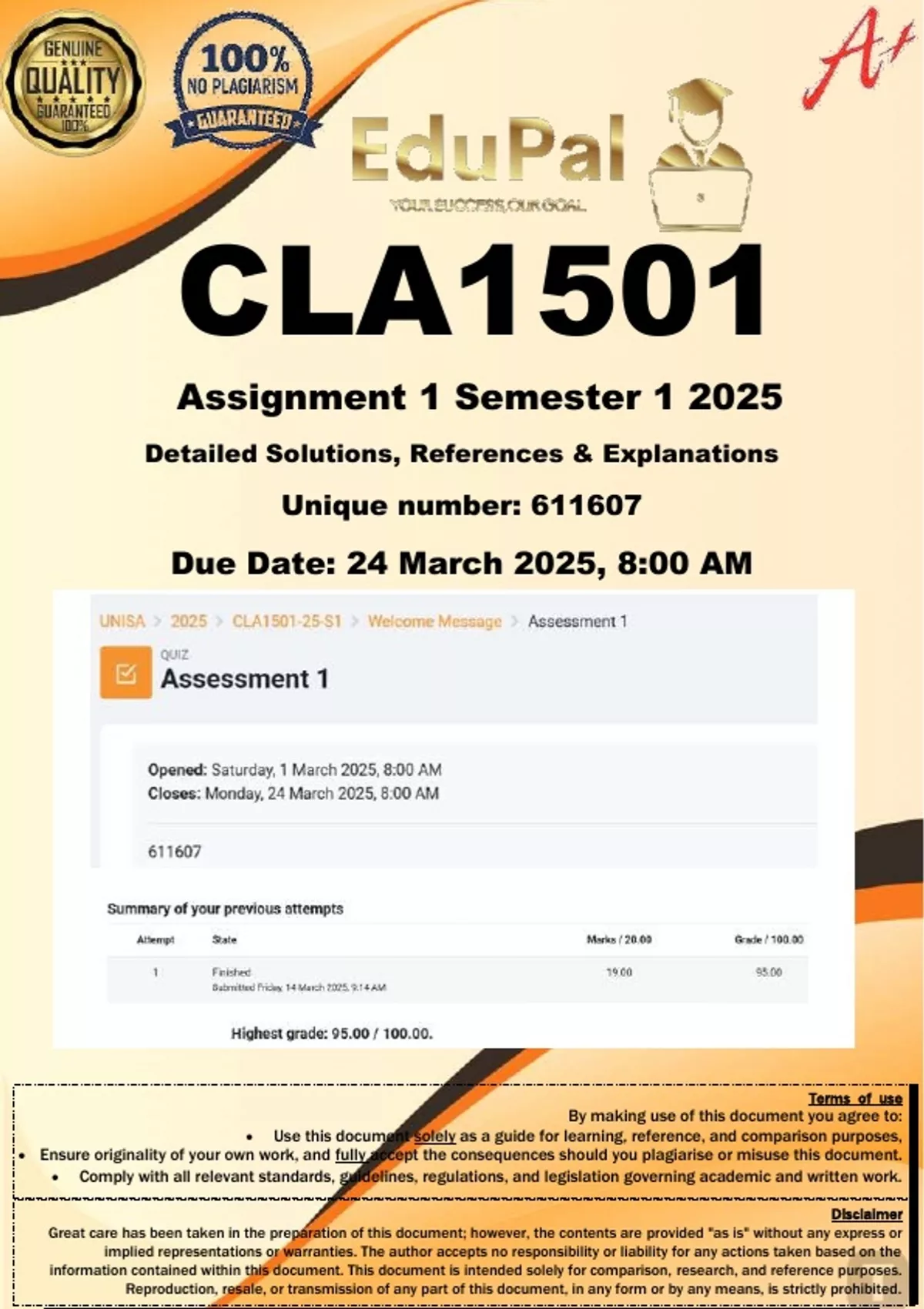 CLA1501 Assignment 1 (COMPLETE ANSWERS) Semester 1 2025 (611607) - DUE ...
