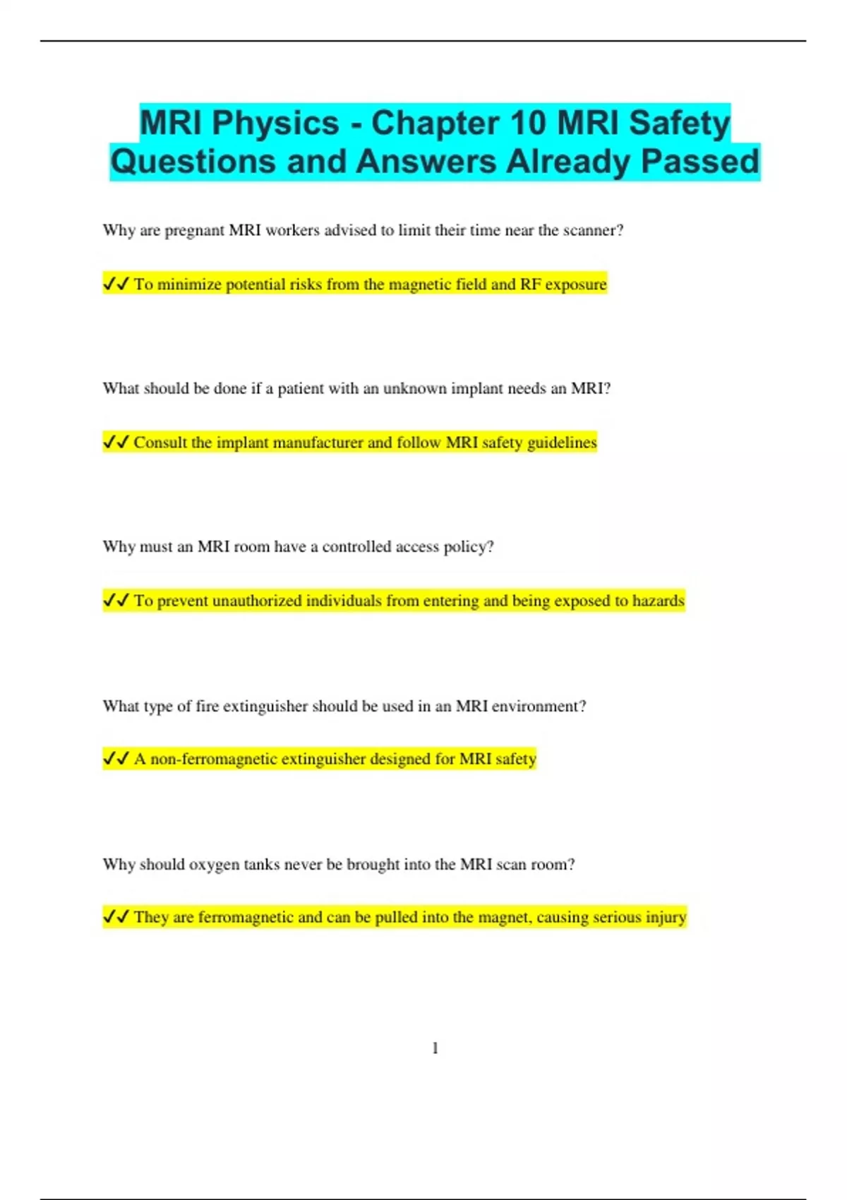MRI Physics - Chapter 10 MRI Safety Questions and Answers Already Passed - MRI Physics - Chapter ...