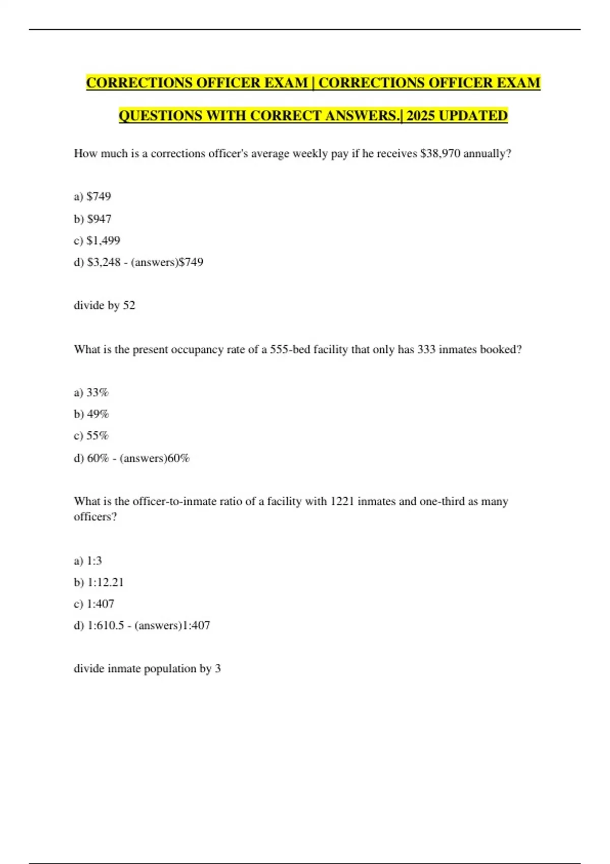 CORRECTIONS OFFICER EXAM | CORRECTIONS OFFICER EXAM QUESTIONS WITH CORRECT ANSWERS.| 2025 ...