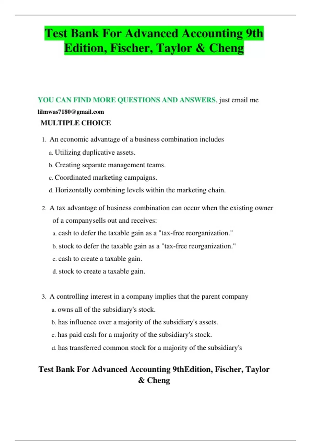 Test Bank for Advanced Accounting 9th Edition by Paul M. Fischer ...