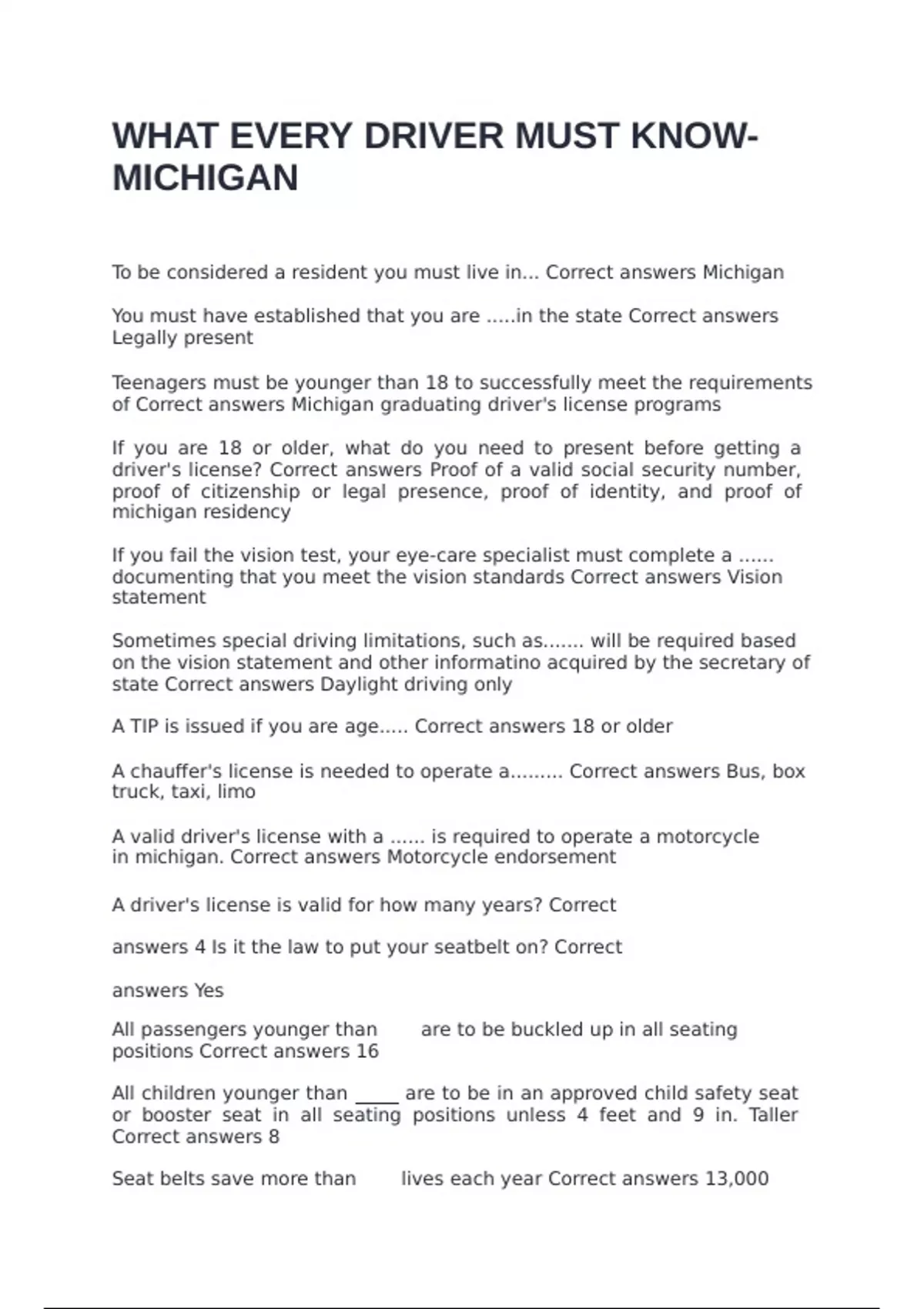 WHAT EVERY DRIVER MUST KNOW- MICHIGAN EXAM WITH 100% CORRECT ANSWERS ...