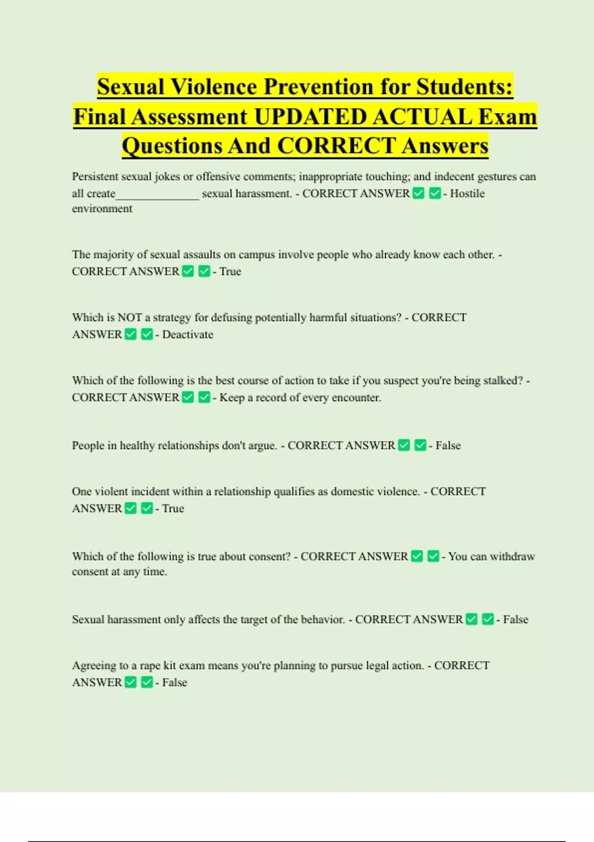 Sexual Violence Prevention for Students: Final Assessment UPDATED ...