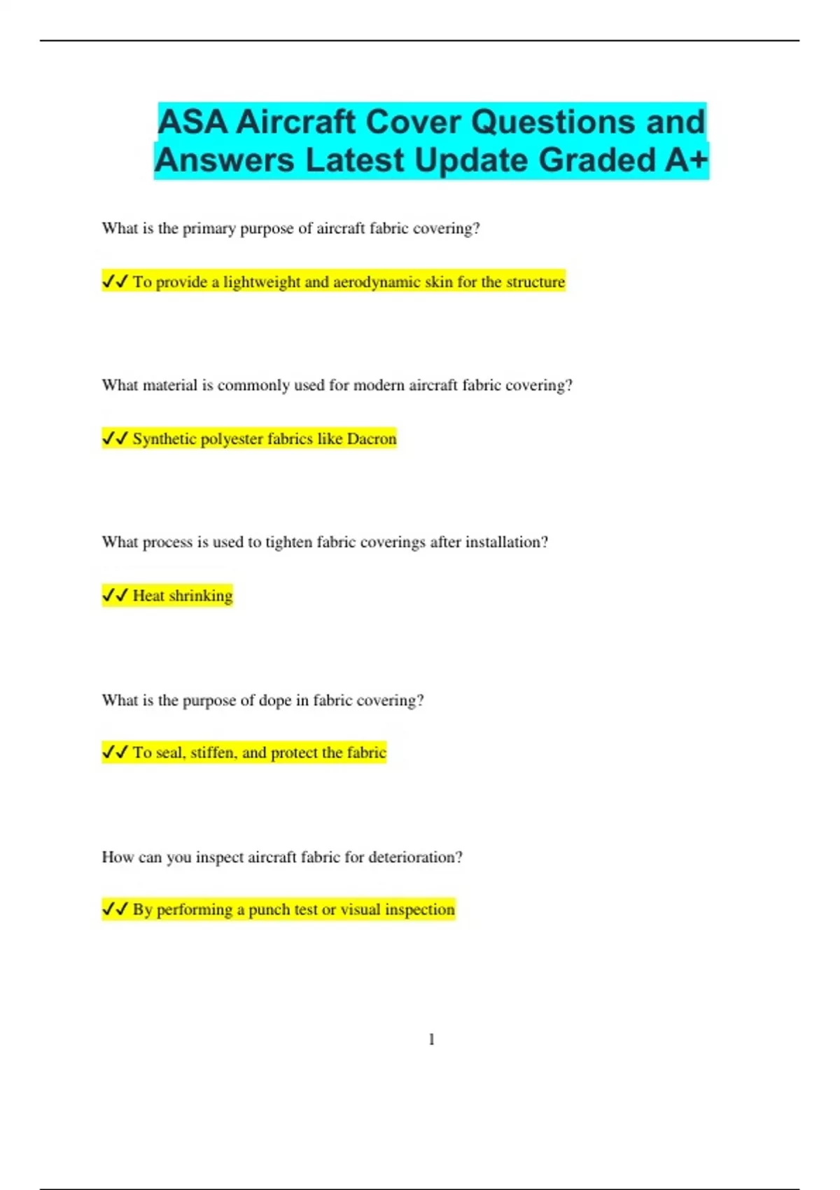 ASA Aircraft Cover Questions and Answers Latest Update Graded A+ - ASA ...