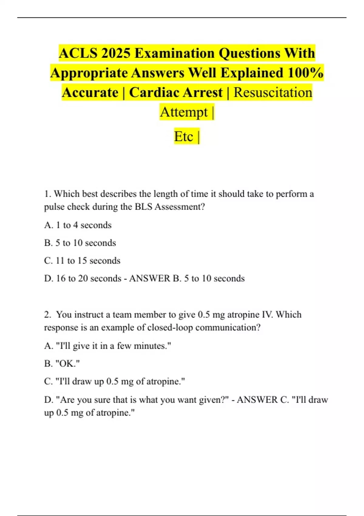 ACLS 2025 Examination Questions With Appropriate Answers Well Explained 100% Accurate | Cardiac ...