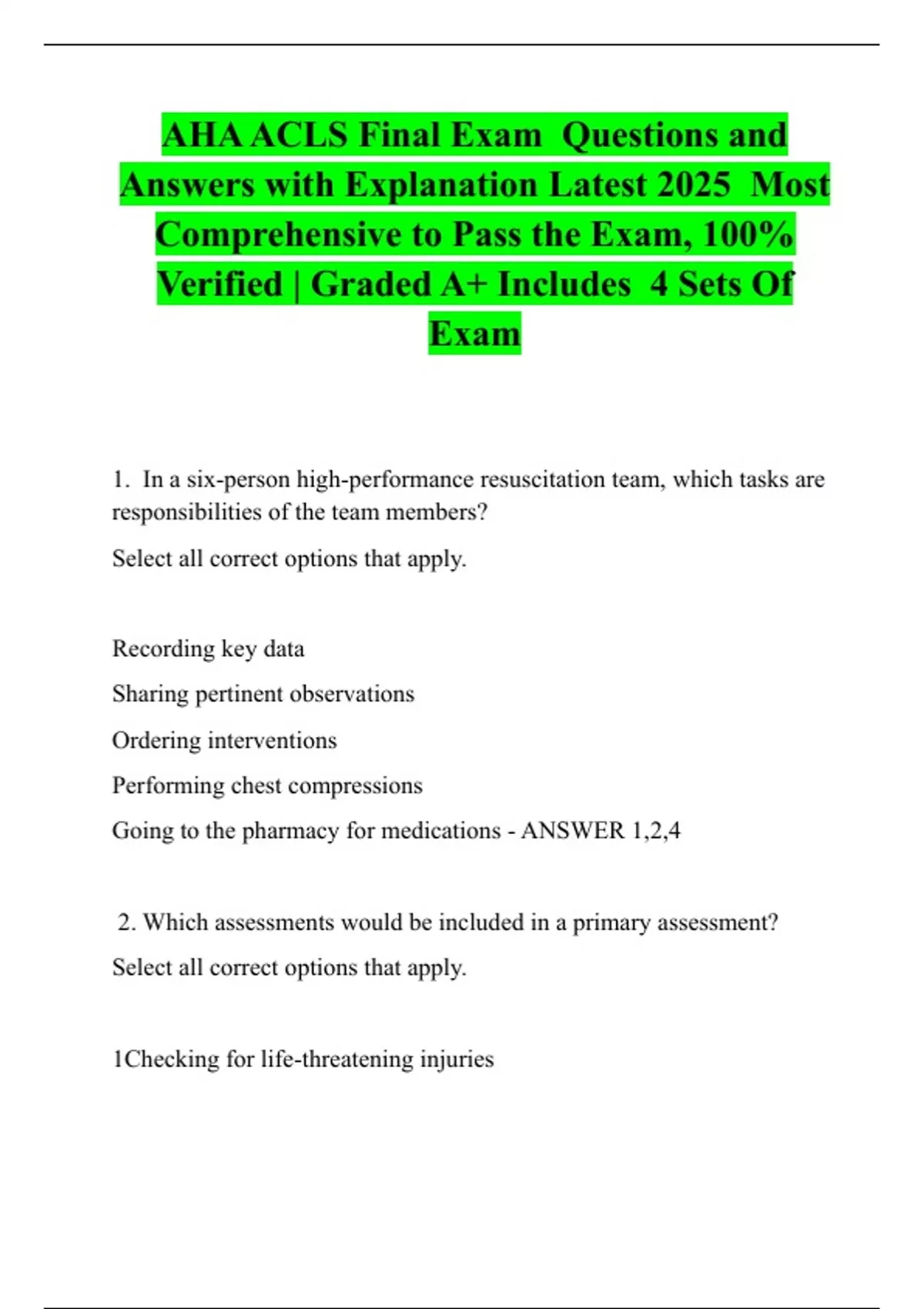 ACLS Final Exam Questions and Answers with Explanation Latest 2025 Most ...