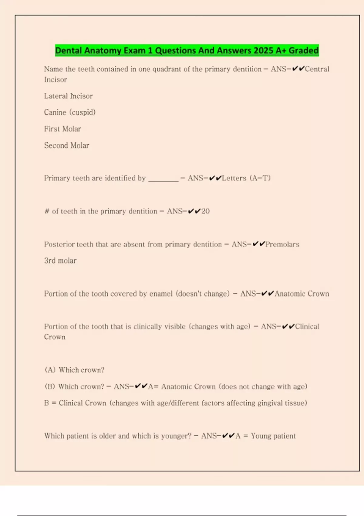 Dental Anatomy Exam 1 Questions And Answers 2025 A+ Graded - Dental ...