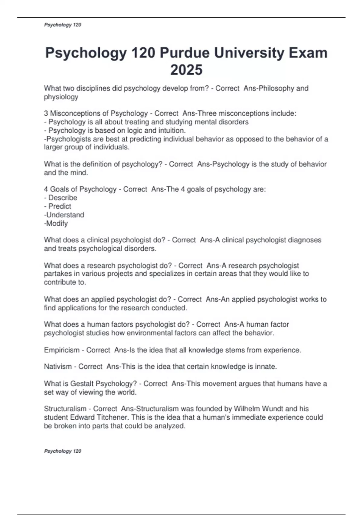 Psychology 120 Purdue University Exam 2025 - Psychology 120 - Stuvia US