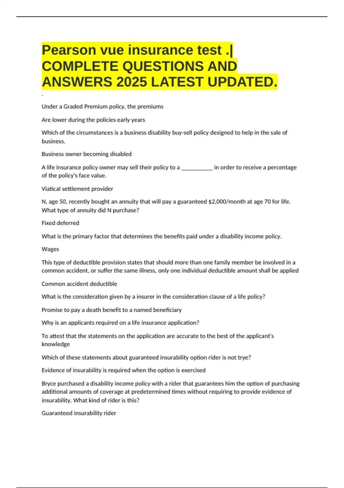 Pearson vue insurance test .| COMPLETE QUESTIONS AND ANSWERS 2025 ...