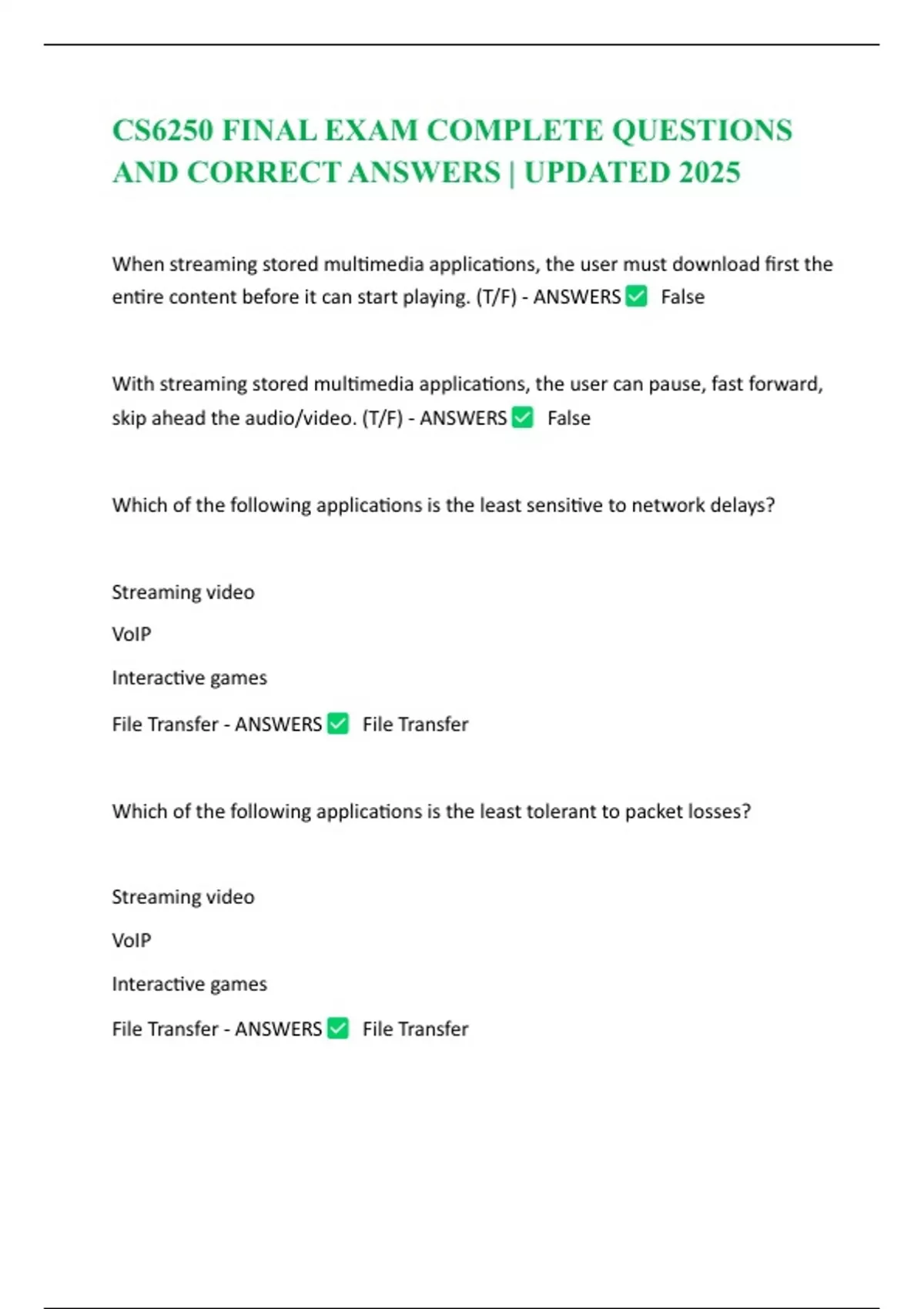 CS6250 FINAL EXAM COMPLETE QUESTIONS AND CORRECT ANSWERS | UPDATED 2025 - CS 6250 - Stuvia US