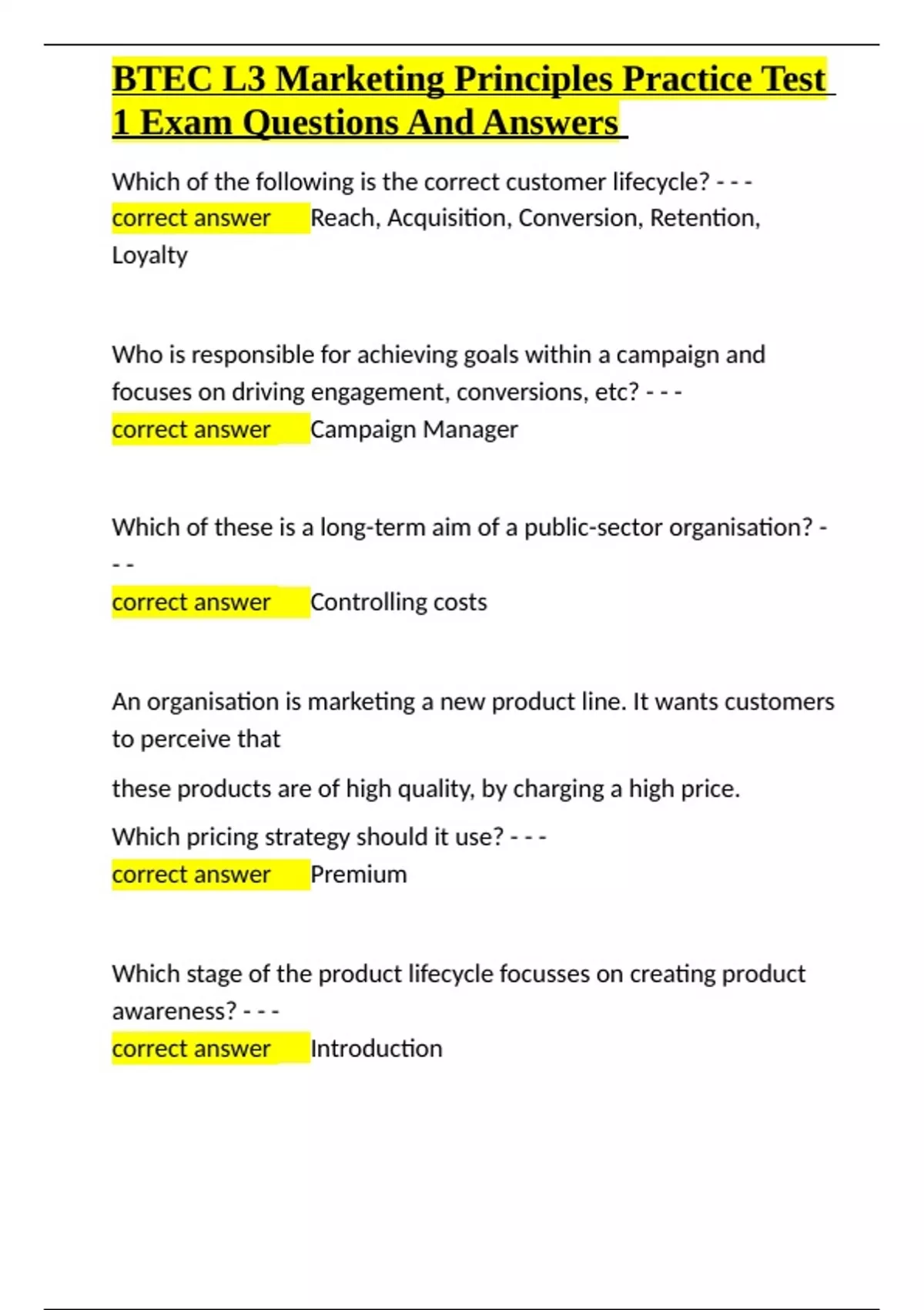 BTEC L3 Marketing Principles Practice Test 1 Exam Questions And Answers ...