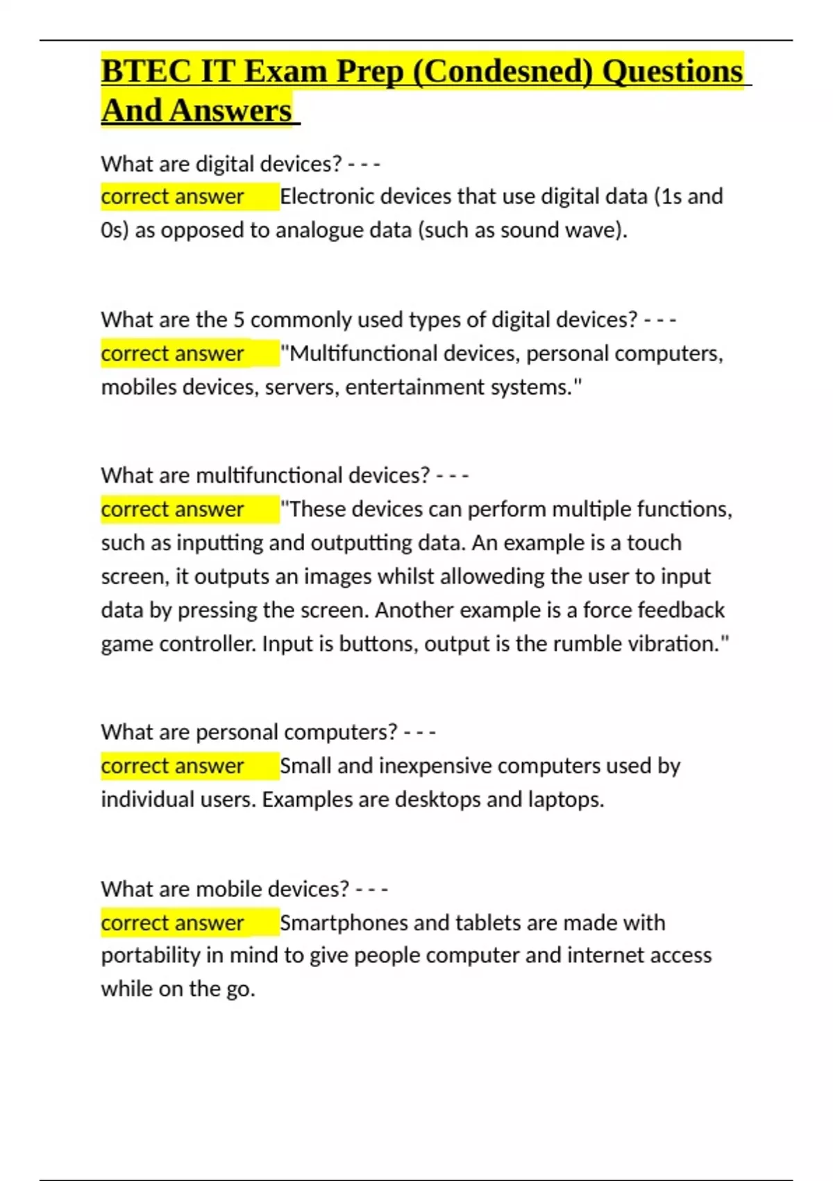 BTEC IT Exam Prep (Condesned) Questions And Answers.docx - BTEC ...