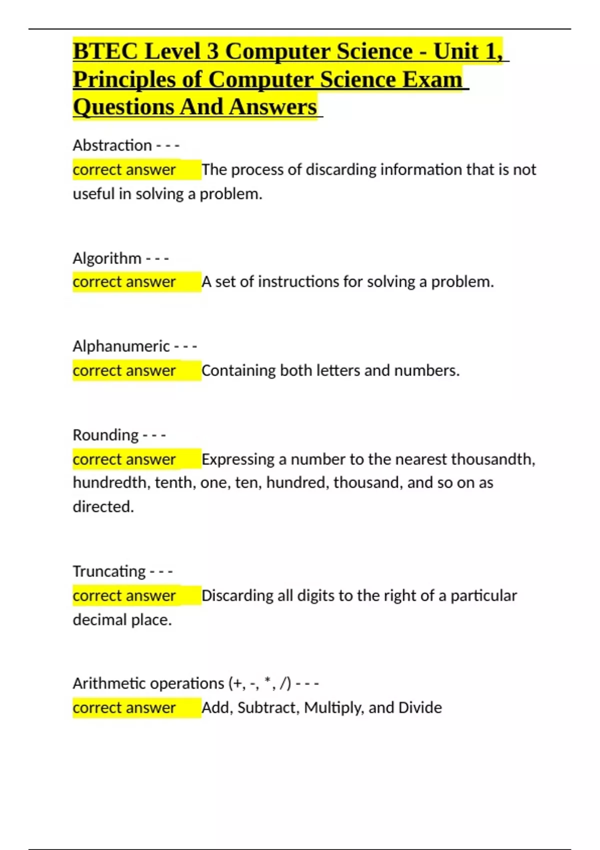 BTEC Level 3 Computer Science - Unit 1, Principles of Computer Science Exam Questions And ...