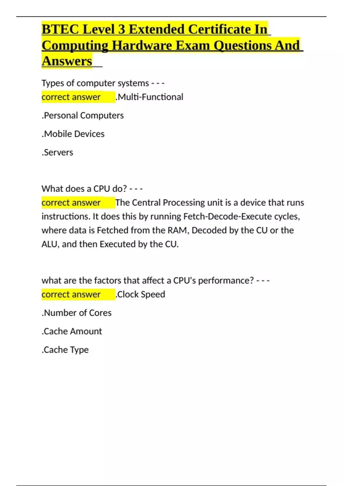 BTEC Level 3 Extended Certificate In Computing Hardware Exam Questions ...