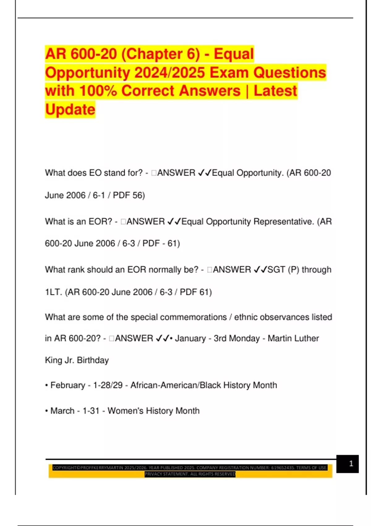 AR 600-20 (Chapter 6) - Equal Opportunity 2024/2025 Exam Questions with ...
