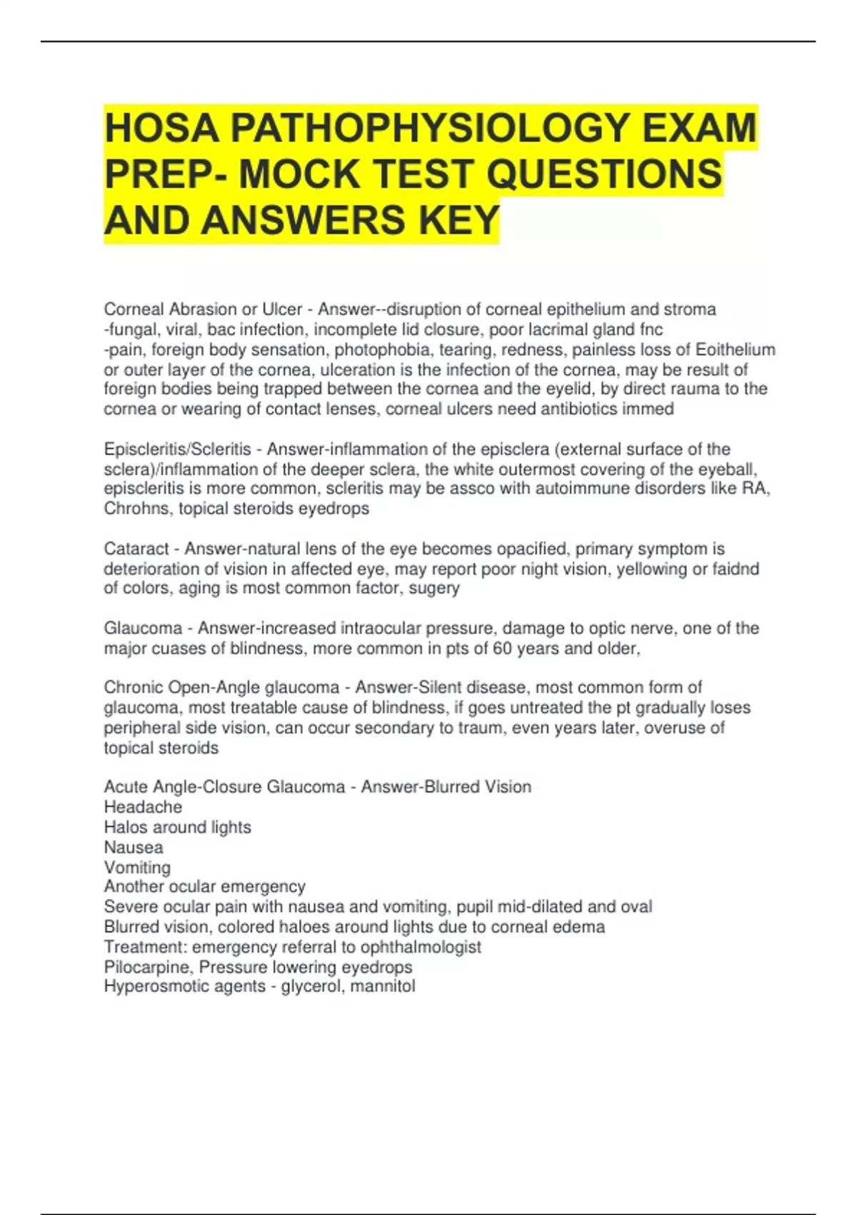 HOSA PATHOPHYSIOLOGY EXAM PREP- MOCK TEST QUESTIONS AND ANSWERS KEY ...