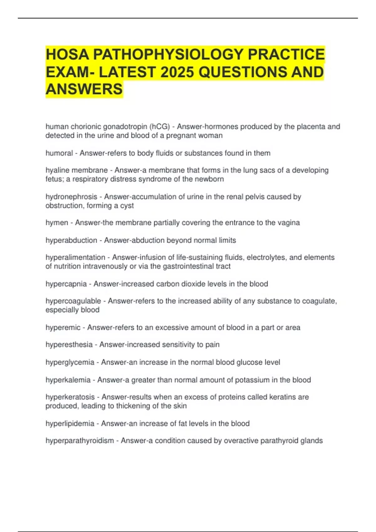 HOSA PATHOPHYSIOLOGY PRACTICE EXAM- LATEST 2025 QUESTIONS AND ANSWERS ...