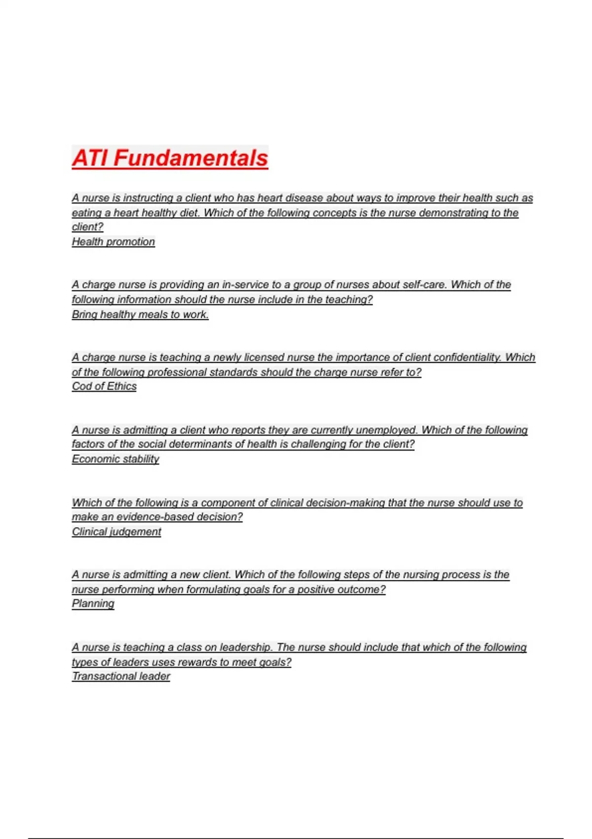 ATI Fundamentals Exam Questions with complete solutions latest 2025/ ...