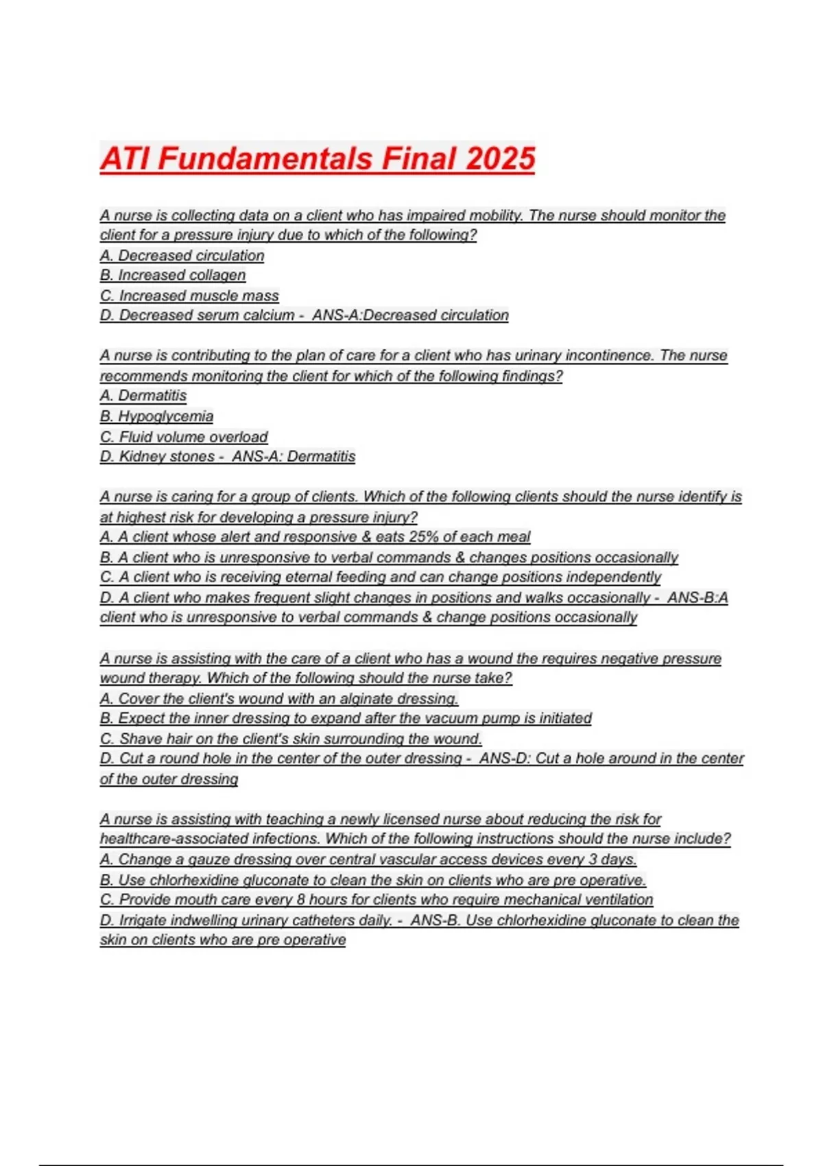ATI Fundamentals Final 2025 Exam Questions with correct Answers 2025/ ...