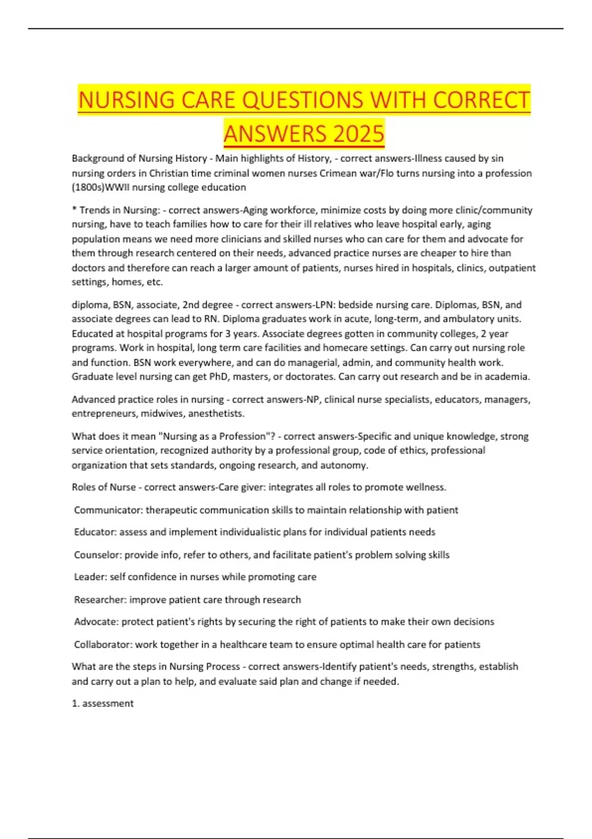 NURSING CARE QUESTIONS WITH CORRECT ANSWERS 2025 - NURSING. - Stuvia US