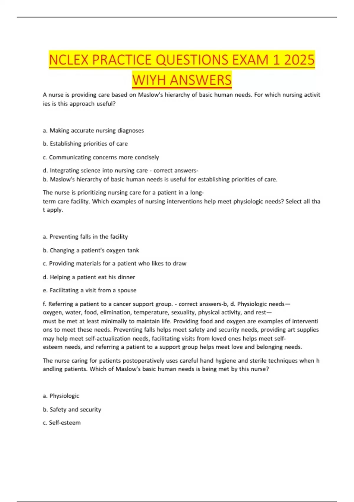 NCLEX PRACTICE QUESTIONS EXAM 1 2025 WIYH ANSWERS - NURSING. - Stuvia US