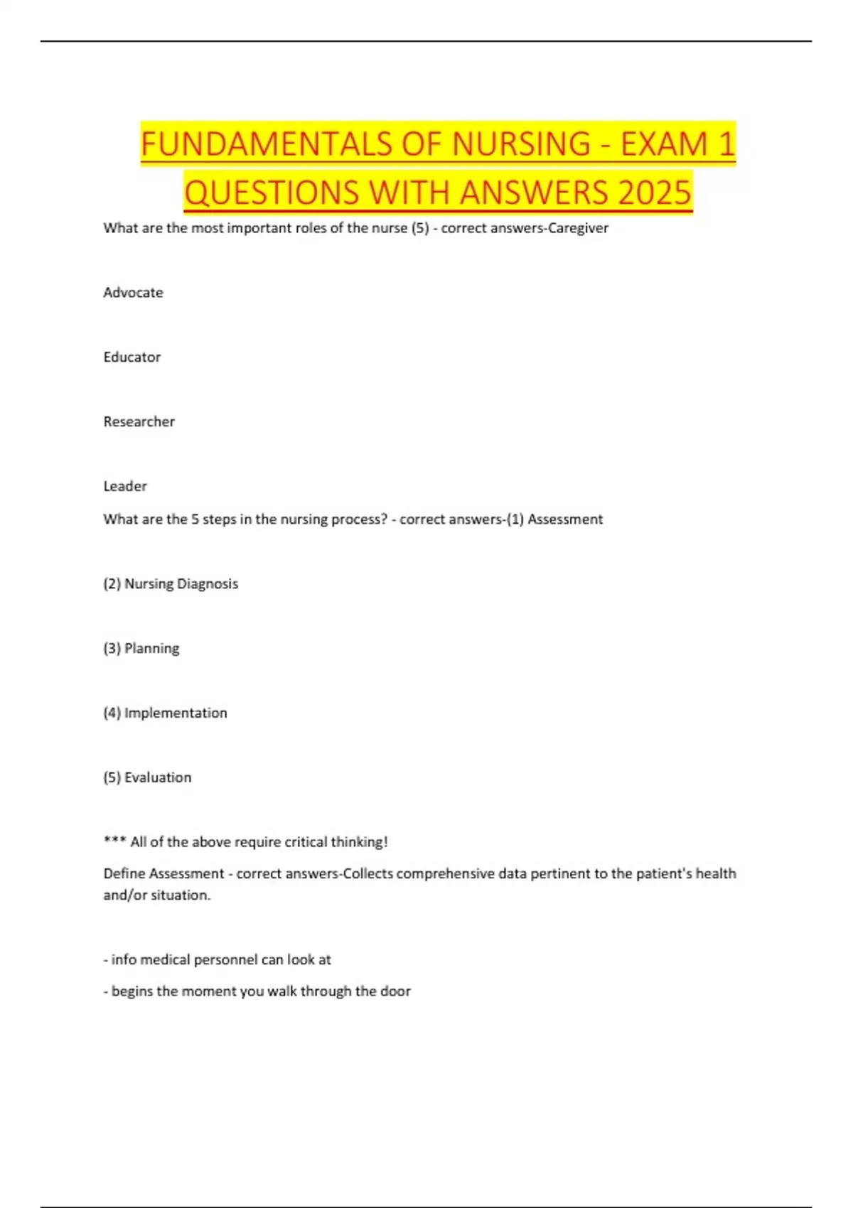 FUNDAMENTALS OF NURSING - EXAM 1 QUESTIONS WITH ANSWERS 2025 - NURSING ...