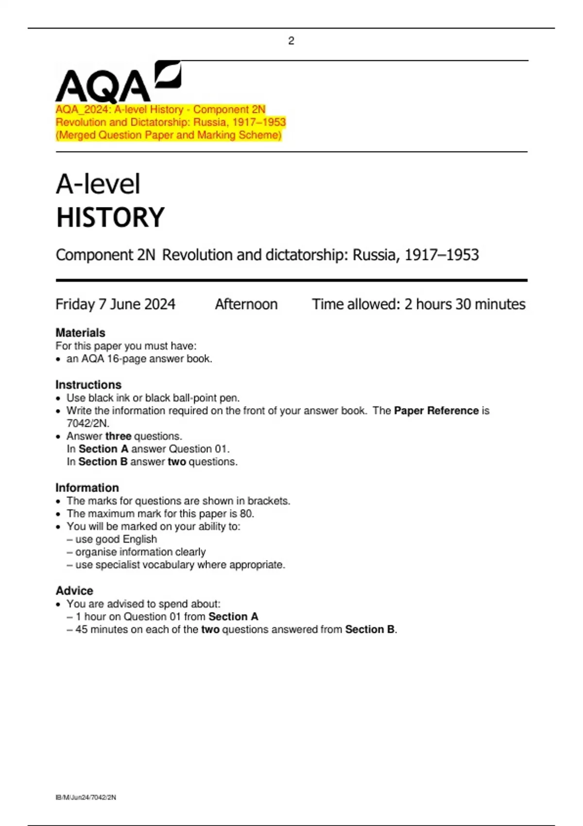 AQA_2024: A-level History - Component 2N Revolution and Dictatorship: Russia, 1917–1953 (Merged ...