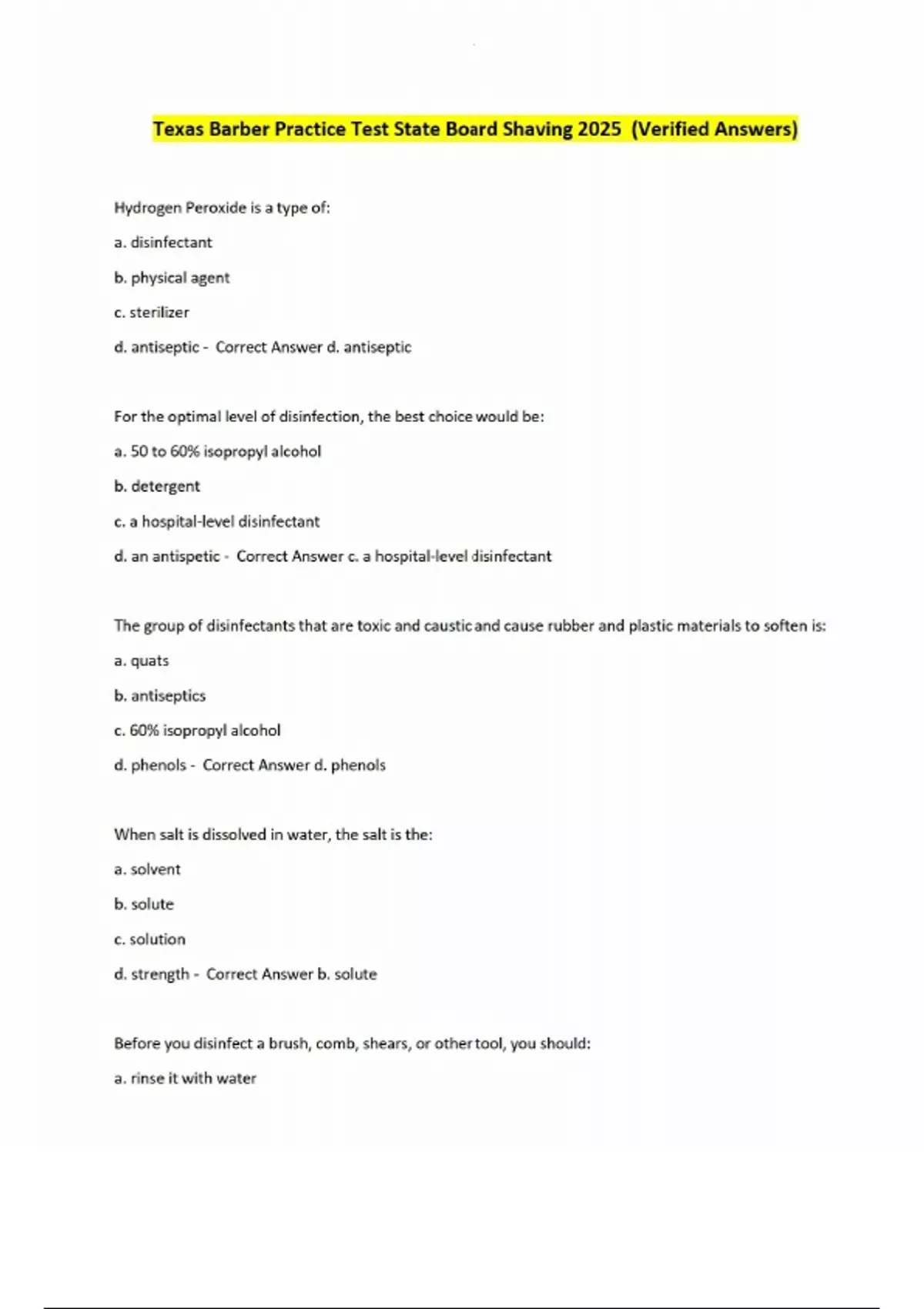 Texas Barber Practice Test State Board Shaving 2025 (Verified Answers ...