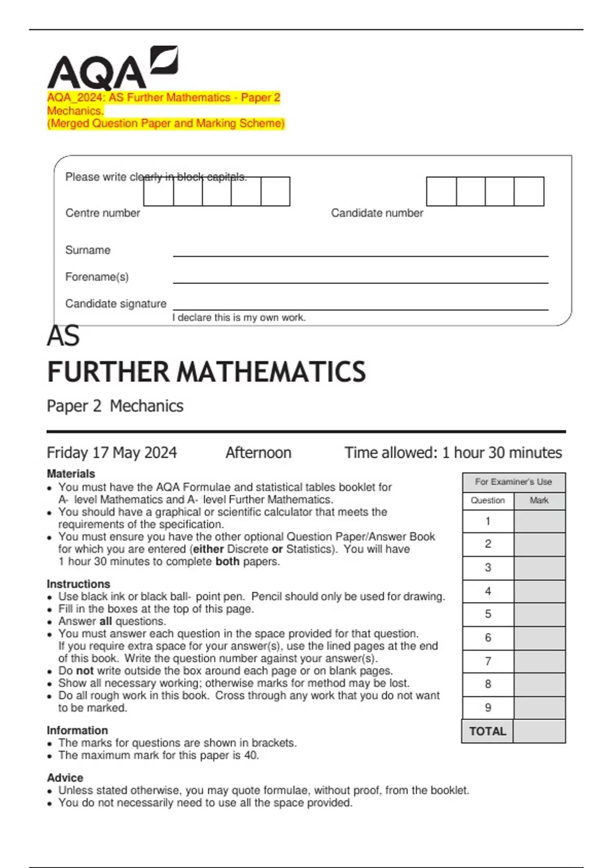AQA_2024: AS Further Mathematics - Paper 2 Mechanics. (Merged Question Paper and Marking Scheme ...